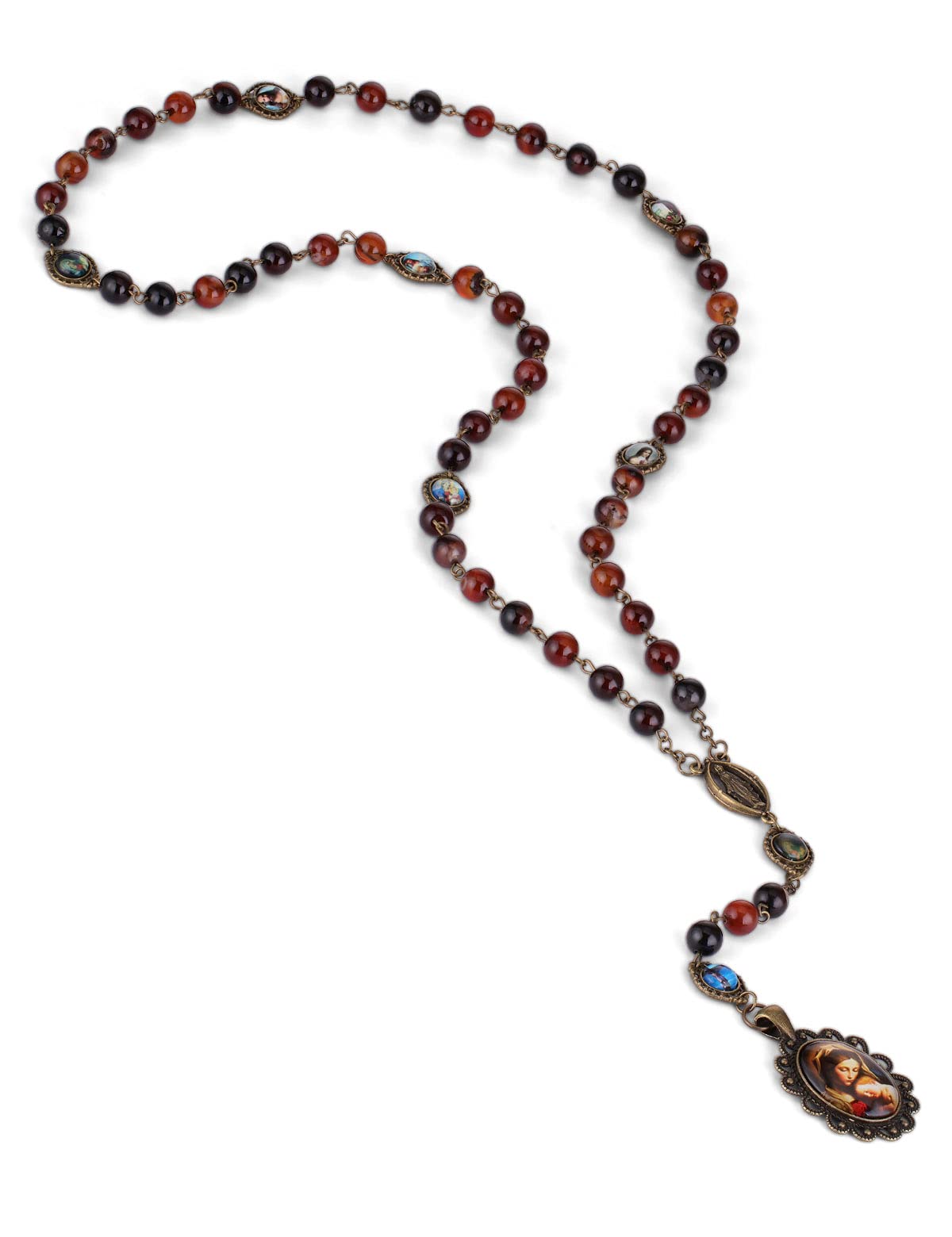 diyalo Servite Rosary of the Seven Sorrows 7 Prayer Beads Chain Religious Holy Blessed Virgin Mary Pendant Y-Necklace (Dark Brown Agate Beads)