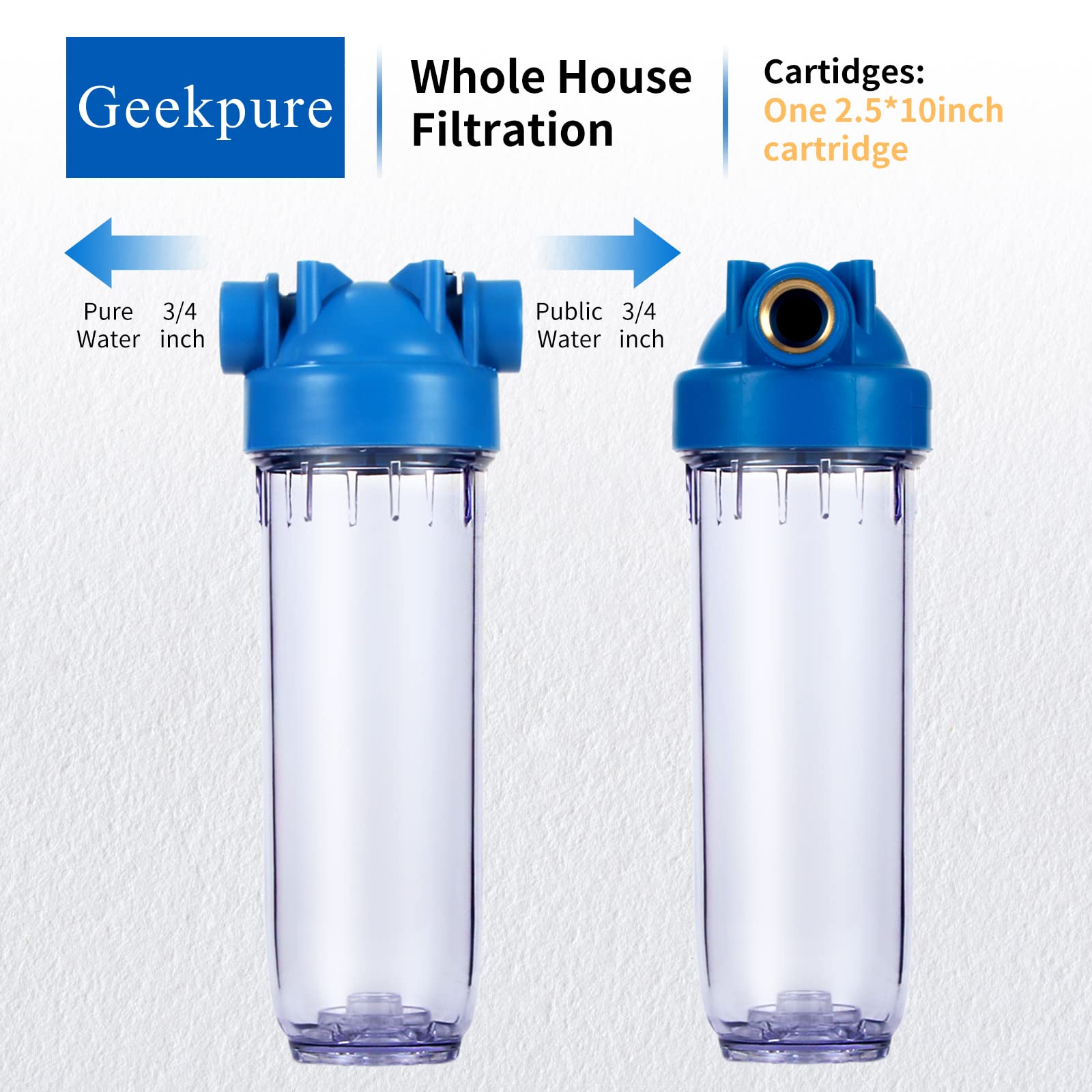 Geekpure 10-Inch Whole House Clear Water Filter Housing - 3/4"NPT Brass Port-Fit for 2.5" x 10" Filters (1)
