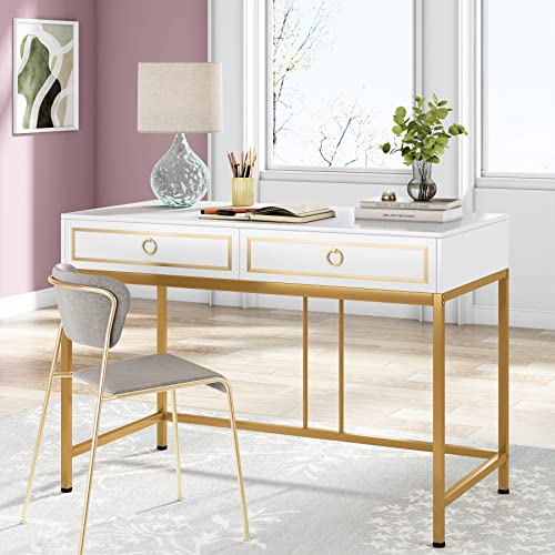 LITTLE TREE Drawers Computer Desk, 43.31β W x 21.65β D x 31.5βH, White and Gold
