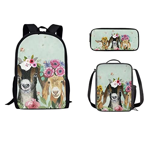 PCSJRKG Goat Hibiscus Flowers 3Pcs Girl Backpack Sets, Leightweight Durable Schoolbag with Lunch Bag and Pencil Bag, Elementary Students Daypack Primary Schoolbag for School