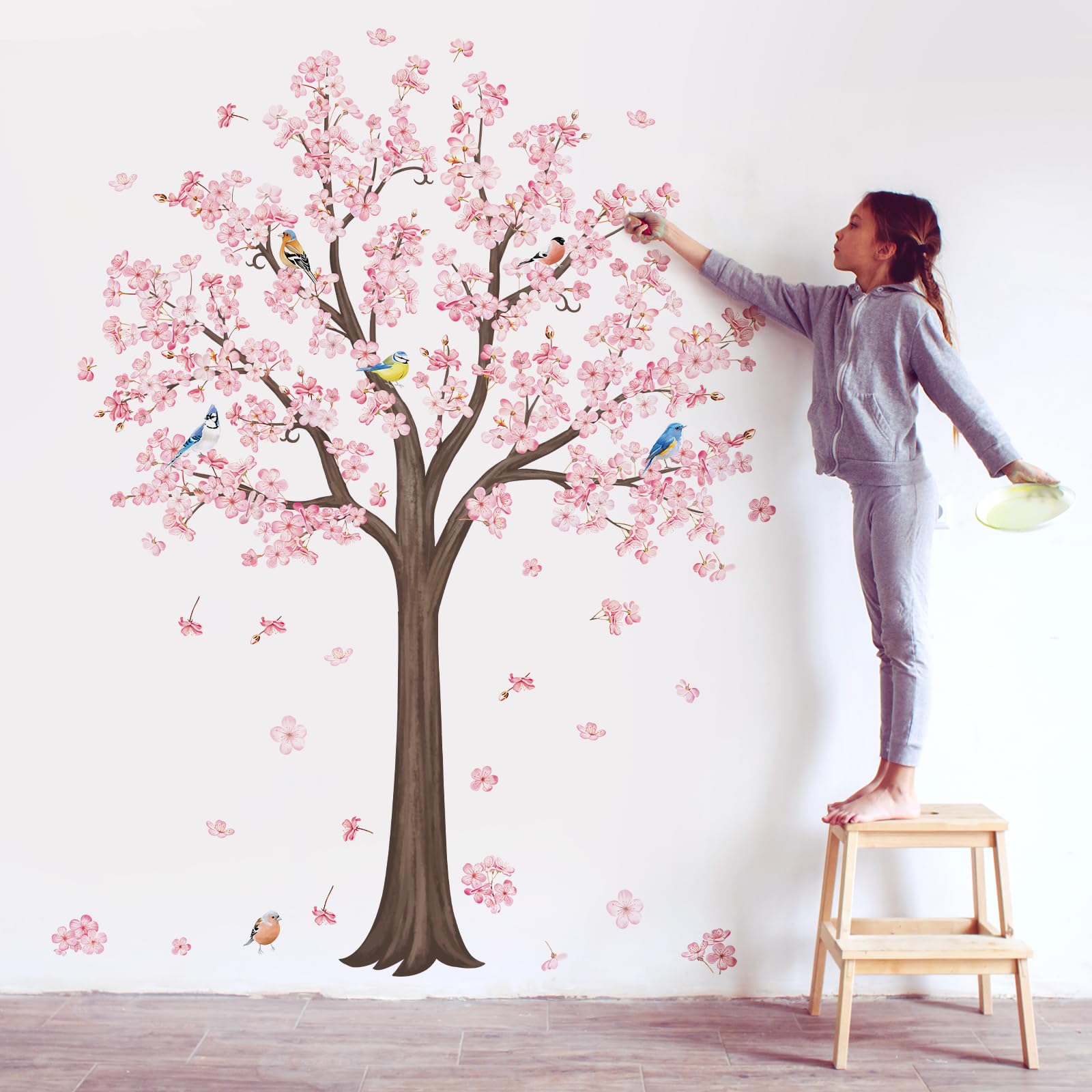 decalmile Large Pink Blossom Tree Wall Decals Flower Birds Branch Wall Stickers Living Room Bedroom Baby Nursery Wall Decor(H:128cm/50 Inches)