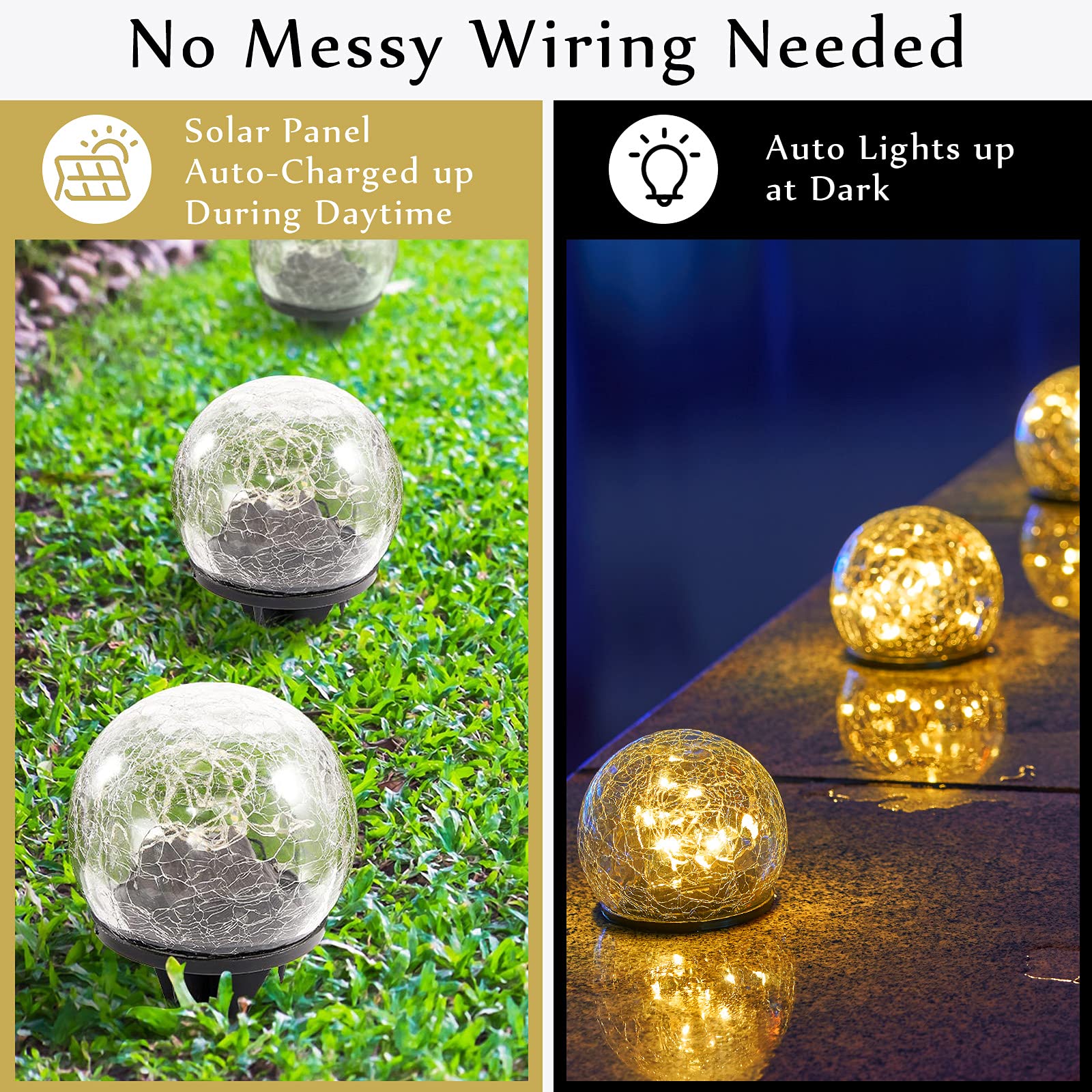 Honoson Solar Lights Outdoor Garden Globe Light Cracked Glass Ball Yard Decor Waterproof Warm White Led Solar Light Decorative Solar Ball Garden Decor for Backyard Lawn Ornament (3.9 Inch,4 Pieces)