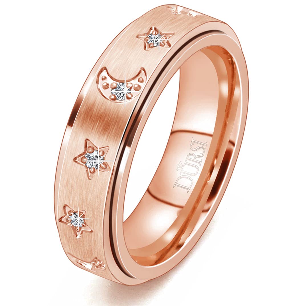 DURSI Moon Star Spinner Ring Fidget Anxiety Worry Rings for Women Girls Stainless Steel Engagement Wedding Promise Band with CZ Diamends 6mm (Rose Gold, 7)