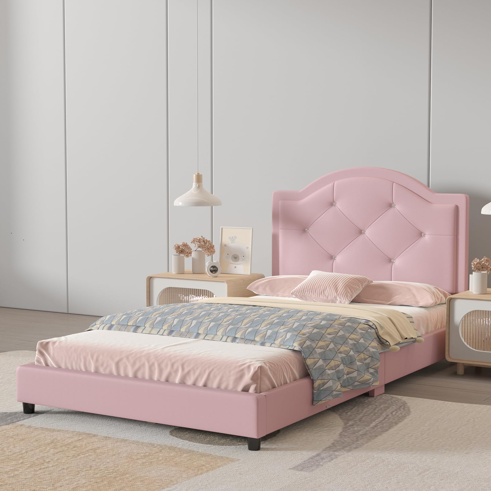Leather Kids Twin Bed , Crystal Button Adjustable Height Headboard Children's Bed, Wooden Slat Base Toddler Bed ,Upholstered Twin Bed for Kid, Fits Standard Twin Mattress(75"Wx39"D) (Pink)