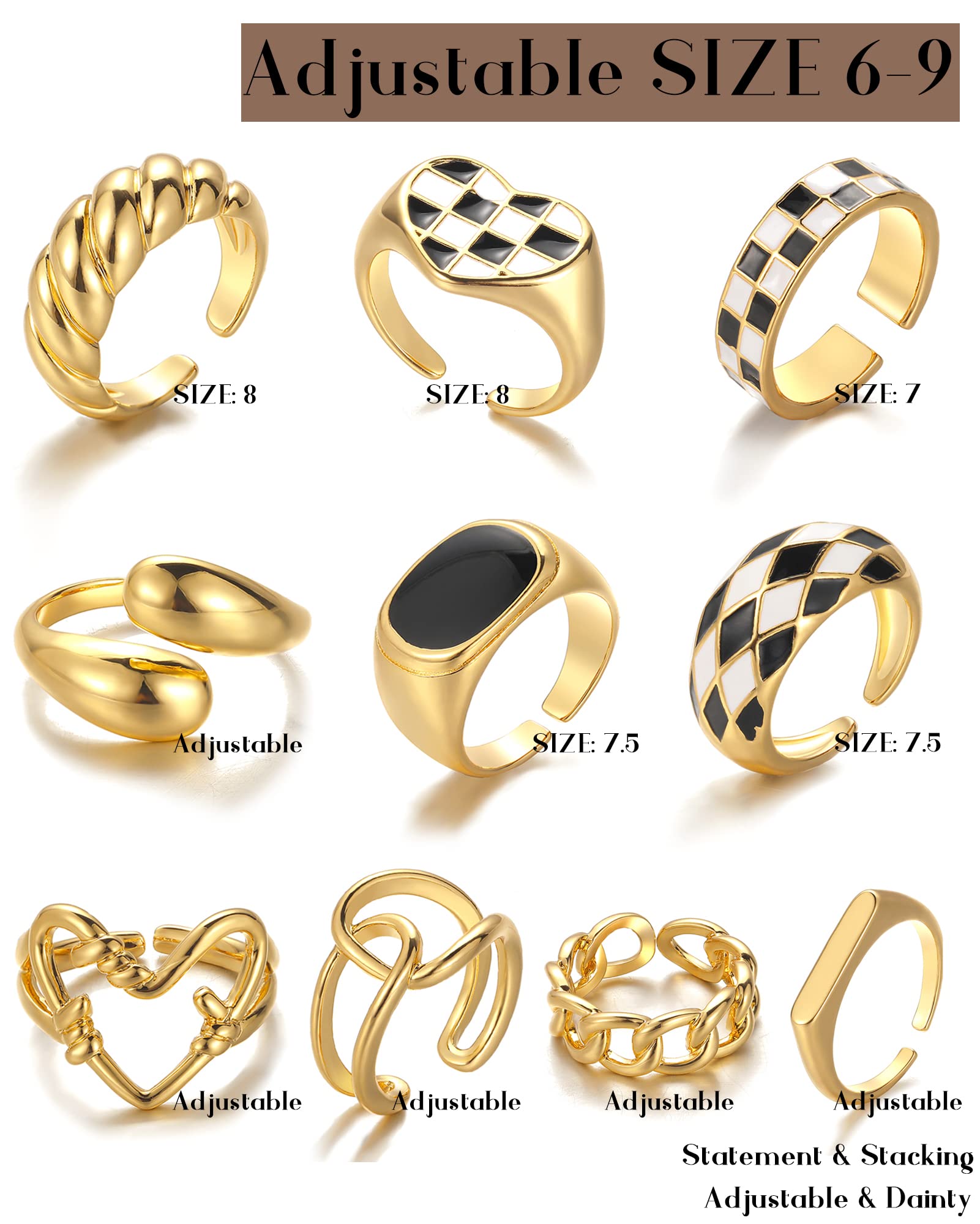FAXHION 10PCS Gold Stackable Rings Set for Women, 18K Gold Plated Open Stacking Knuckle Ring, Adjustable Chunky Signet Band Ring for Gift
