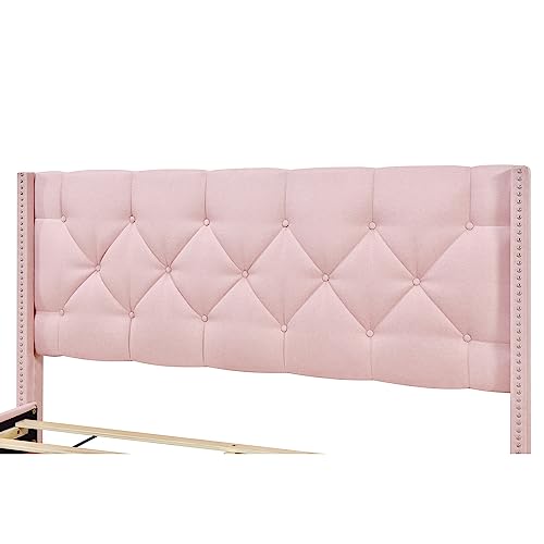 Livavege Upholstered Bed Frame Queen Size with 2 Storage Drawers and Button Tufted Headboard, Modern Queen Platform Bed with Wooden Slats Support, Bedframe No Box Spring Needed, Pink
