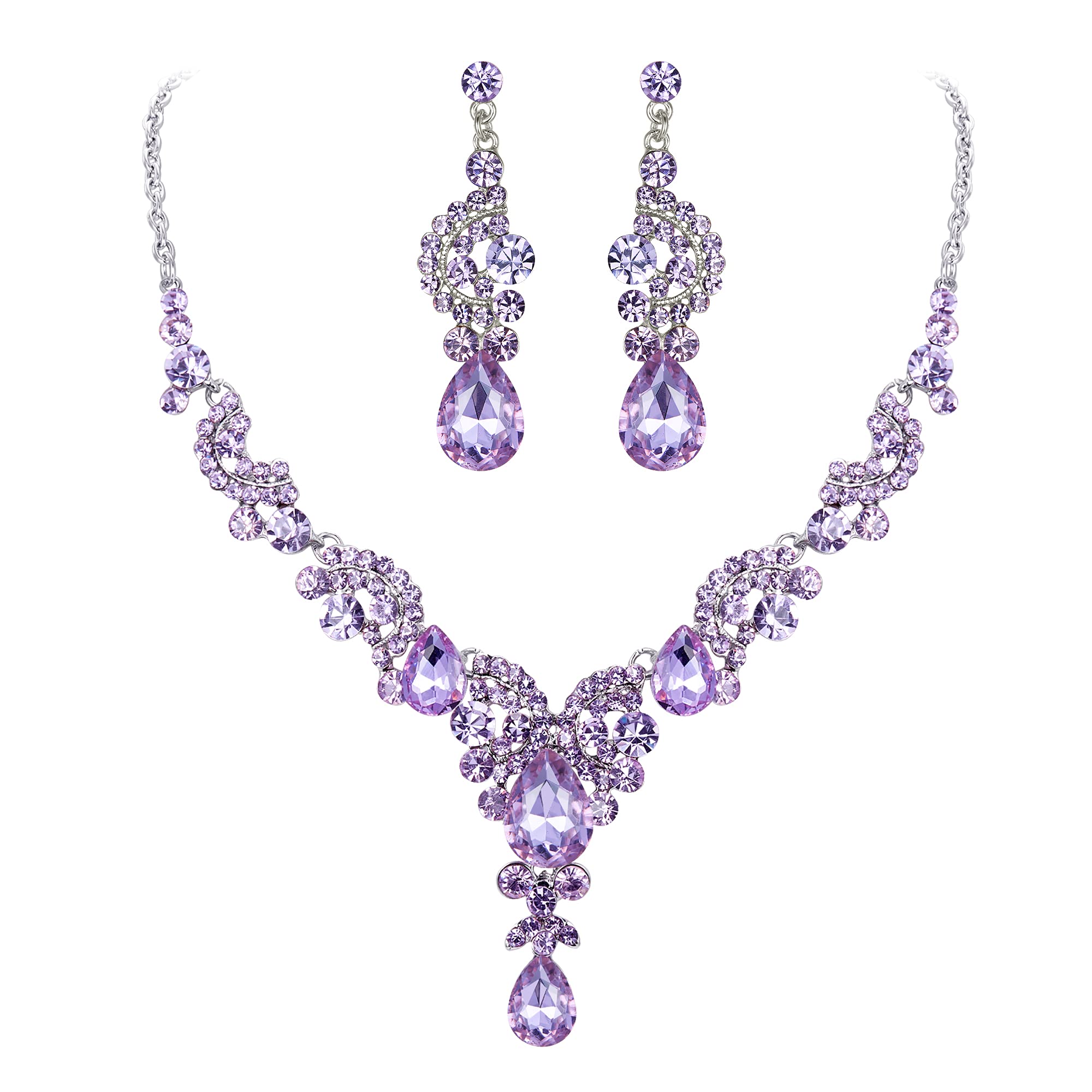 EVER FAITH Costume Jewelry Crystal Floral Wave Teardrop Pendant Necklace Dangle Earrings Vintage Jewelry Set Light Purple Silver-Tone