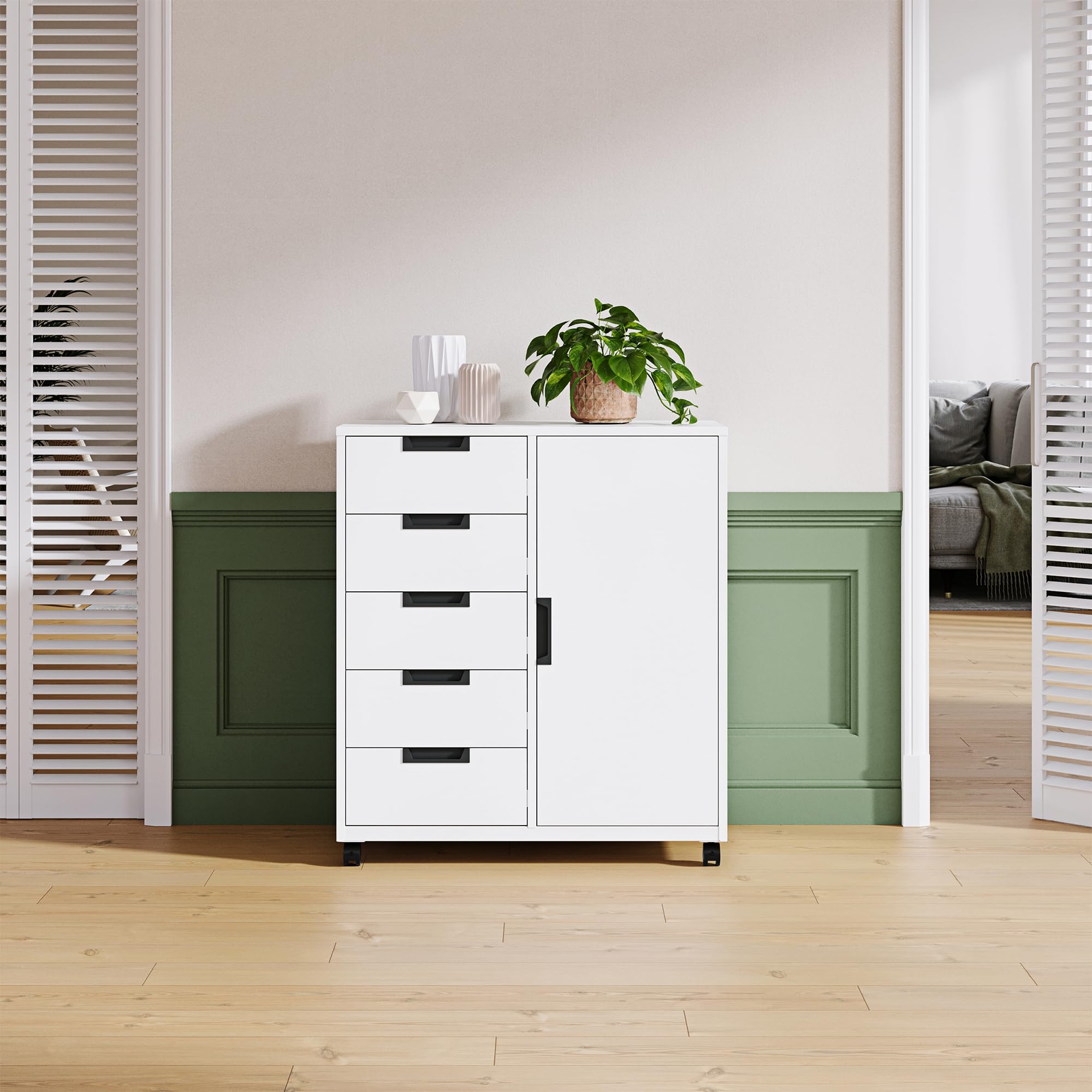 Letaya 5 Drawer Storage Cabinet, Mobile Printer Stand for Home Office,Dresser Chest with Shelves and Door(Black)