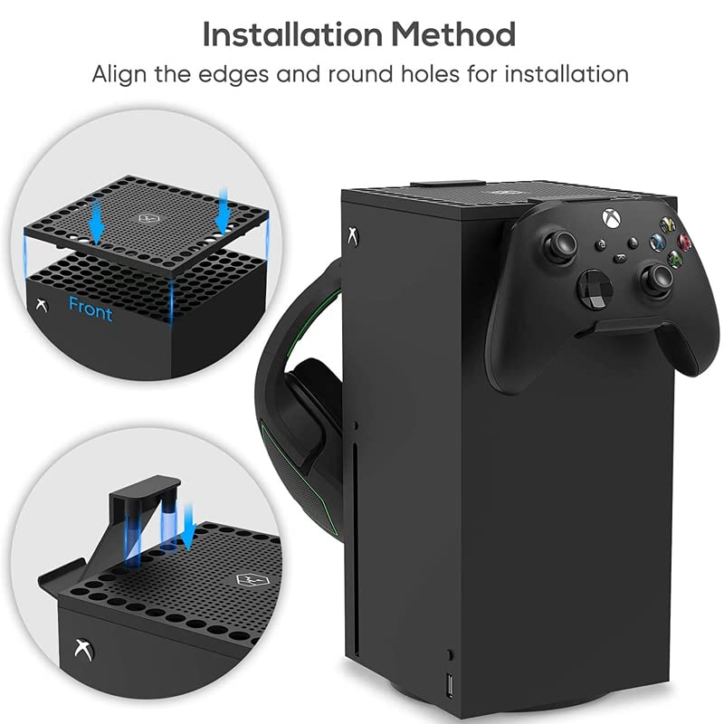 Dust Cover Case for Xbox Series X with 2 Headset/Controller Holder,Cenxaki 2 Pcs High Density Filter and 8Pcs Silicone Dust Plugs Compatible with Xbox Series X