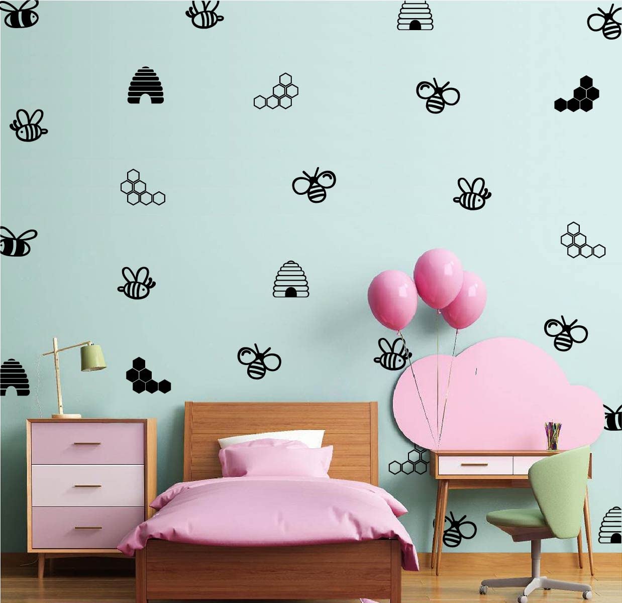 Geometric Bee Honeycomb Wall Art Decor Stickers for Kids Room Removable DIY Hexagon Wall Decor Decals FG345 (Black)