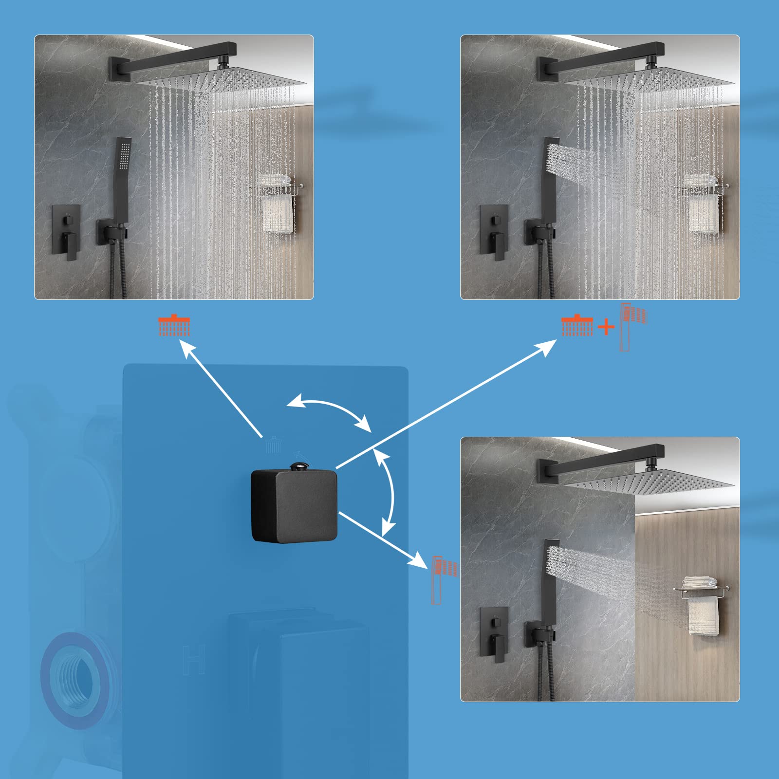 HarJue Shower Head with Extension Arm, High Pressure 12 Inch Square Shower Head with Handheld Shower Faucets Combo Set, Luxury Shower Balance Valve and Trim Kit (Shower System, Matte Black)
