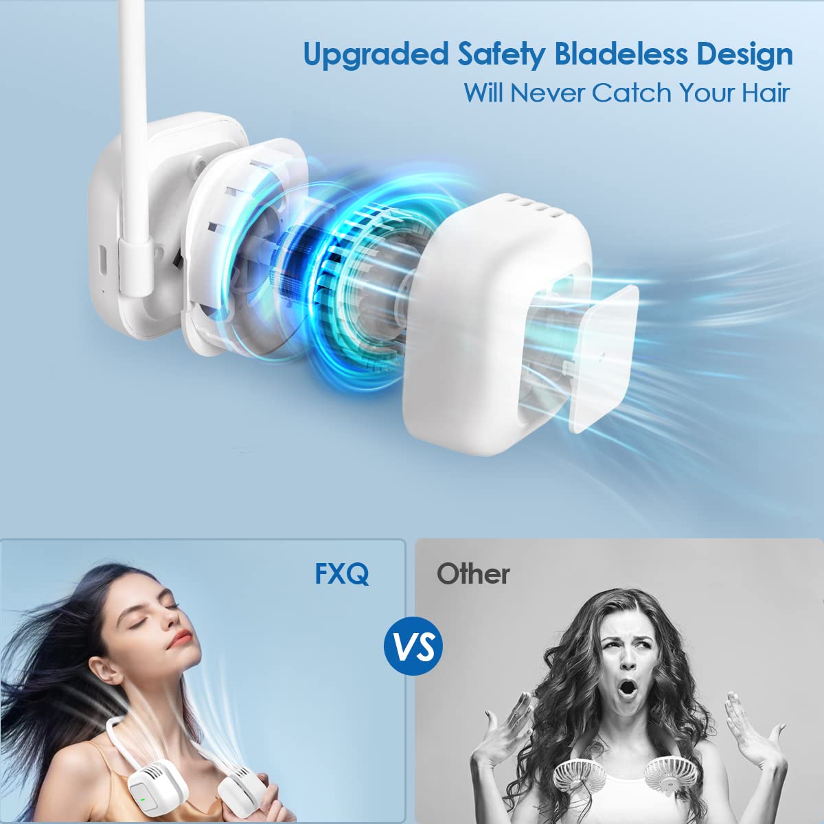 FXQ Portable Neck Fan, Upgraded Bladeless Rechargeable Hands Free Foldable Personal Mini Fan with 3 Speeds Adjustable, 360° Free Rotation Cooling for Hot Flashes