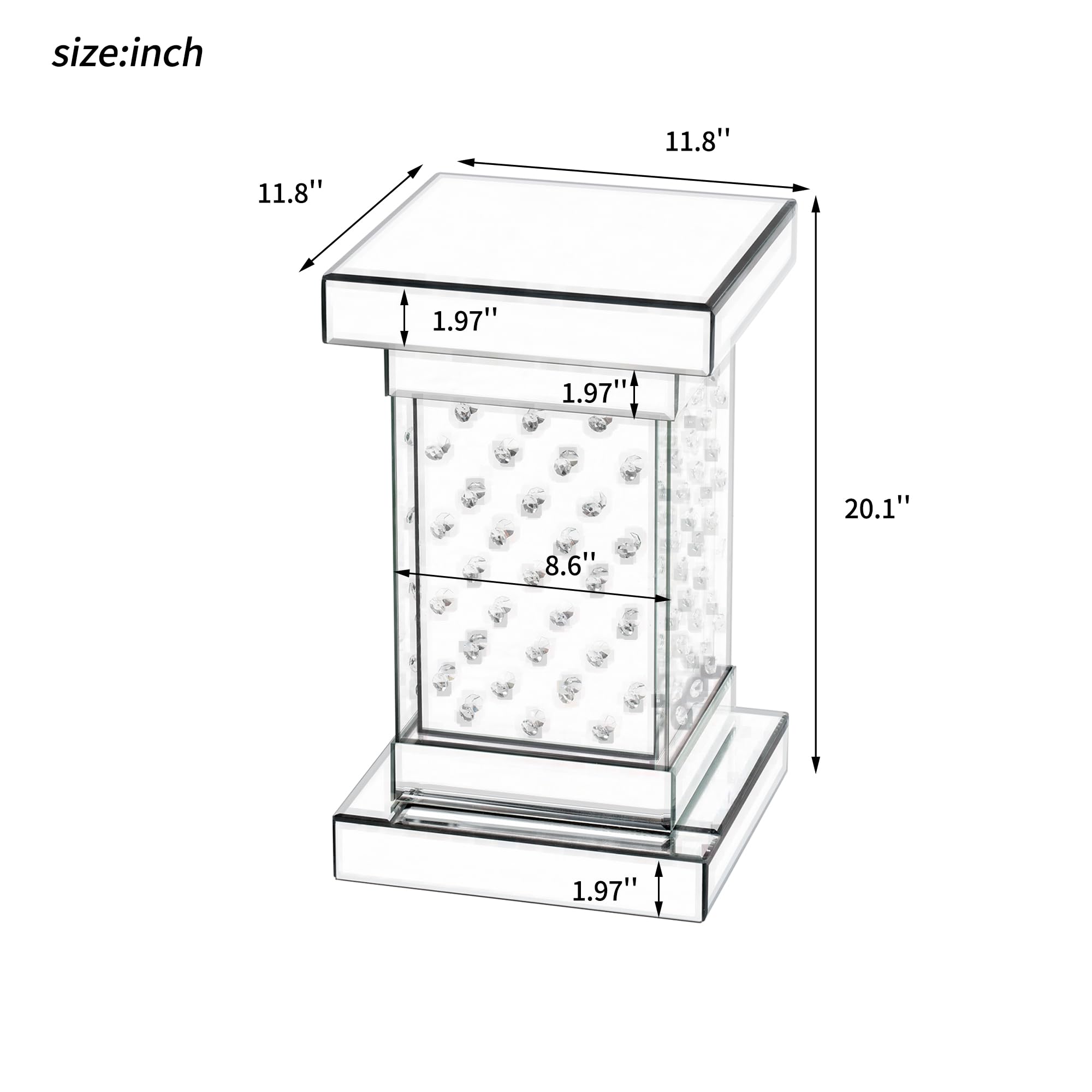 LUMISOL Mirrored Square End Table with LED Lights, Silver End Table with Crushed Diamond, Mirror Silver Side Table for Living Room Small Space, No Assembly Required, Silver