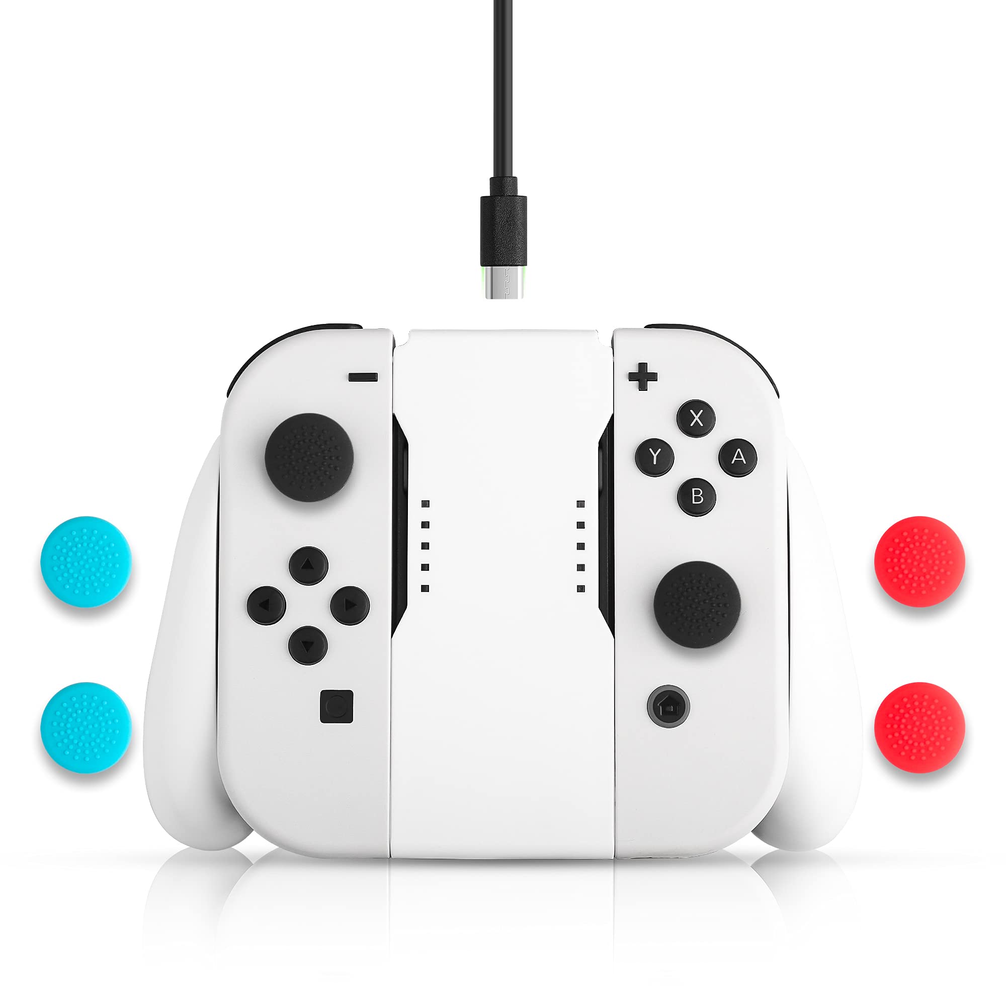 FANPL Charging Grip Controller for Nintendo Switch & Switch OLED Joy Con, Grip Game Accessories with Charge Indicator, Handle Grip with 1 m/3.3 Ft USB Type-C Data Cable, 6 Thumb Grip Caps (White)