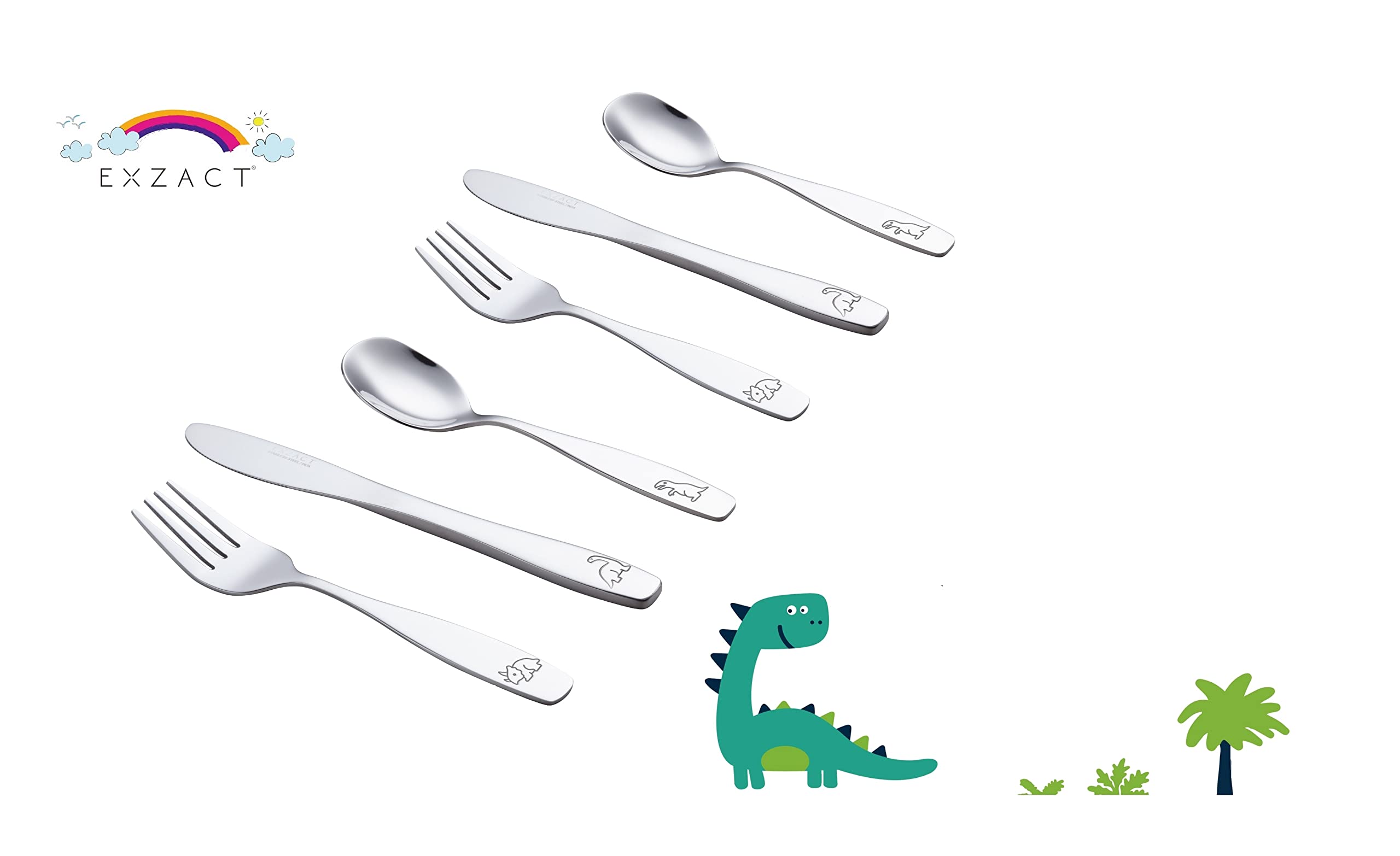 Exzact Kids Flatware 6 Pieces Set - Stainless Steel Silverware 2 x Forks, 2 x Safe Table Knife, 2 x Tablespoons - Child Toddler Utensils - Dinosaurs Engraved