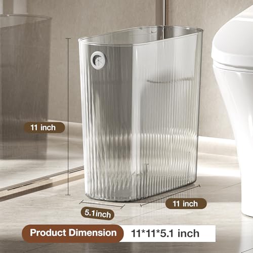 kiuetsa Bathroom Plastic Trash Can, Slim Clear Rectangular Garbage Bin with Trasn Liner Holder for Kitchen, Bedroom, Living Room, Small Indoor Waste Basket, 1.8 Gallon/7 Liter, Grey