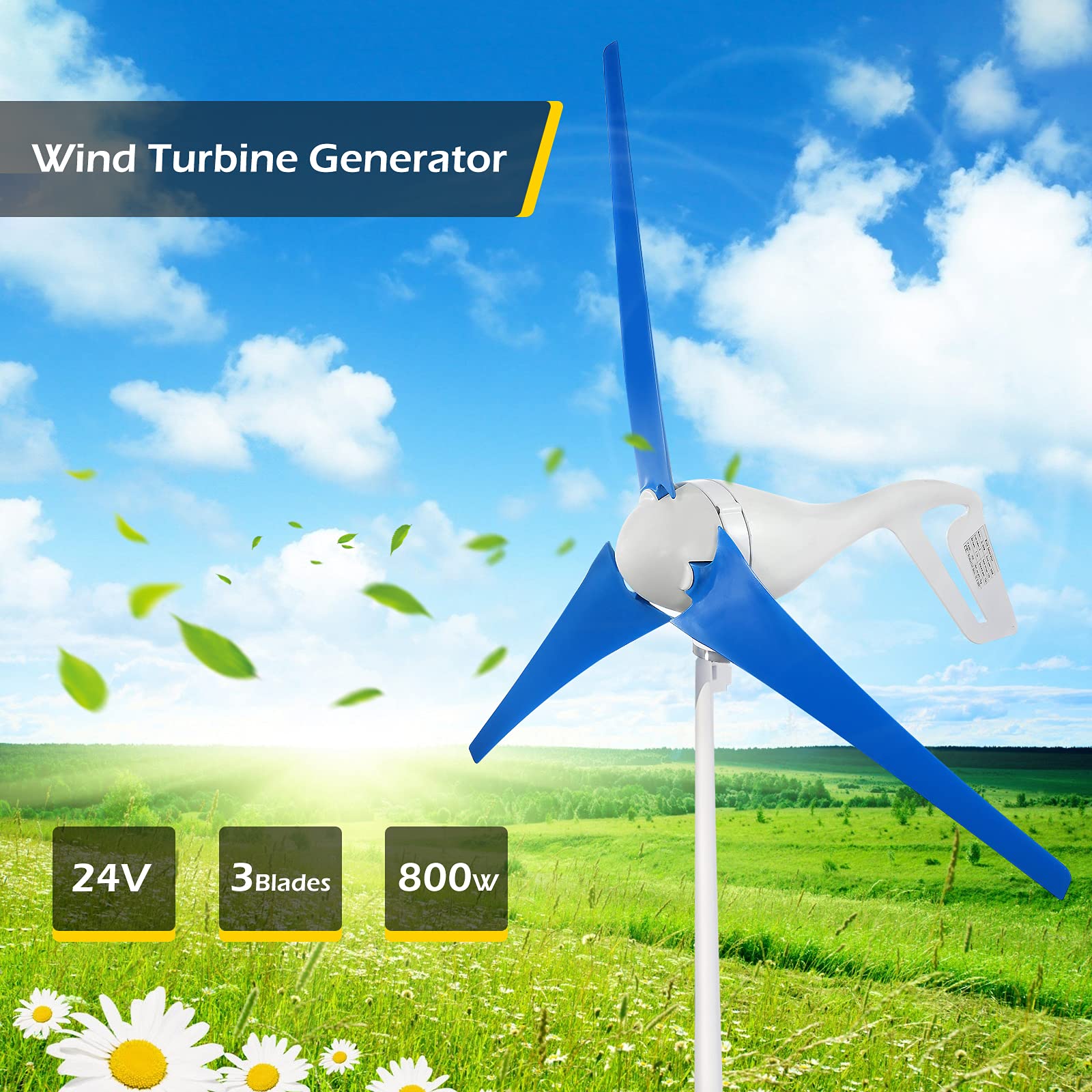 Dyna-Living Wind Turbine Generator Kit 800W Wind Turbine Motor with Charge Controller Power Generation Kit for Home Use(Not Included mast) Blue