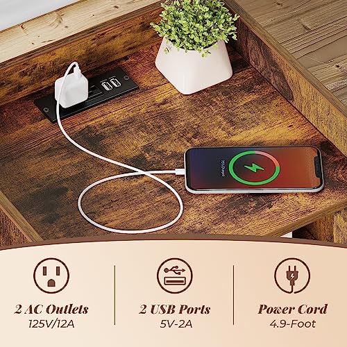 SUPERJARE Nightstand with Charging Station, Night Stand with Drawers, Bed Side Table, End Table with USB Ports and Outlets, Bedside Table for Bedroom, Living Room, Rustic Brown