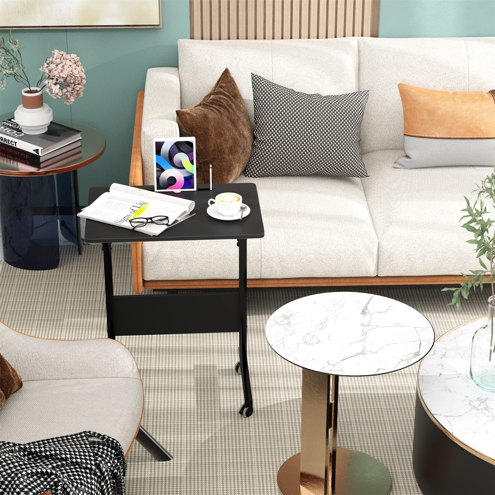 SogesGame Side Table,31.5in/21.6in Adjustable Laptop Stand Portable Cart Tray Bedside Computer Table,Sofa Side Bed Table with Wheels