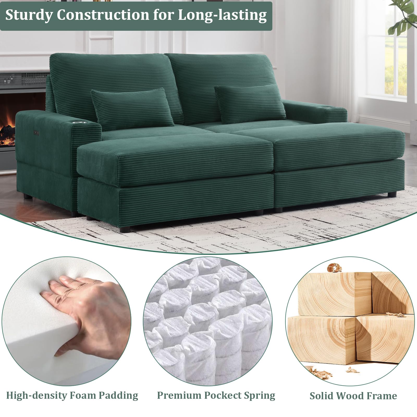 KIVENJAJA 82.7” Corduroy Sectional Couch, Double Chaise Lounge Sofa, Deep Seat Oversized Loveseat with Ottomans, Cup Holder & USB Port for Living Room Apartment Small Space, Green
