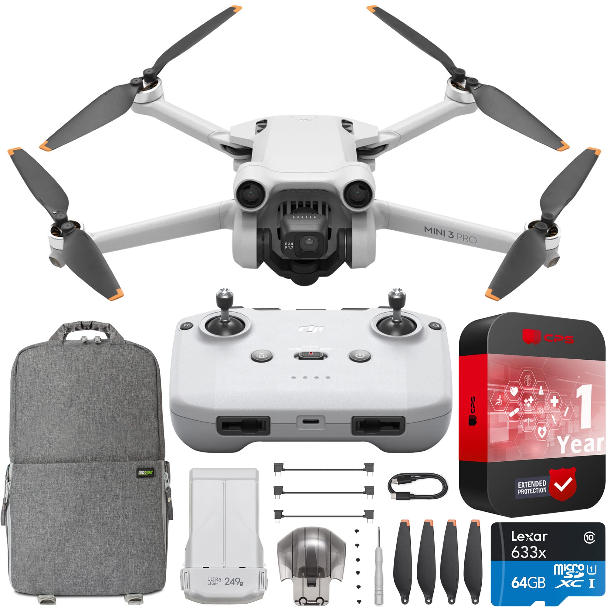 DJI Mini 3 Pro Camera Drone Quadcopter + RC-N1 Remote Controller (No Screen) + Fly More Kit, 4K/60fps Video, 48MP Photo, Tri-Directional Obstacle Sensing, Bundle with Deco Gear Backpack + Accessories