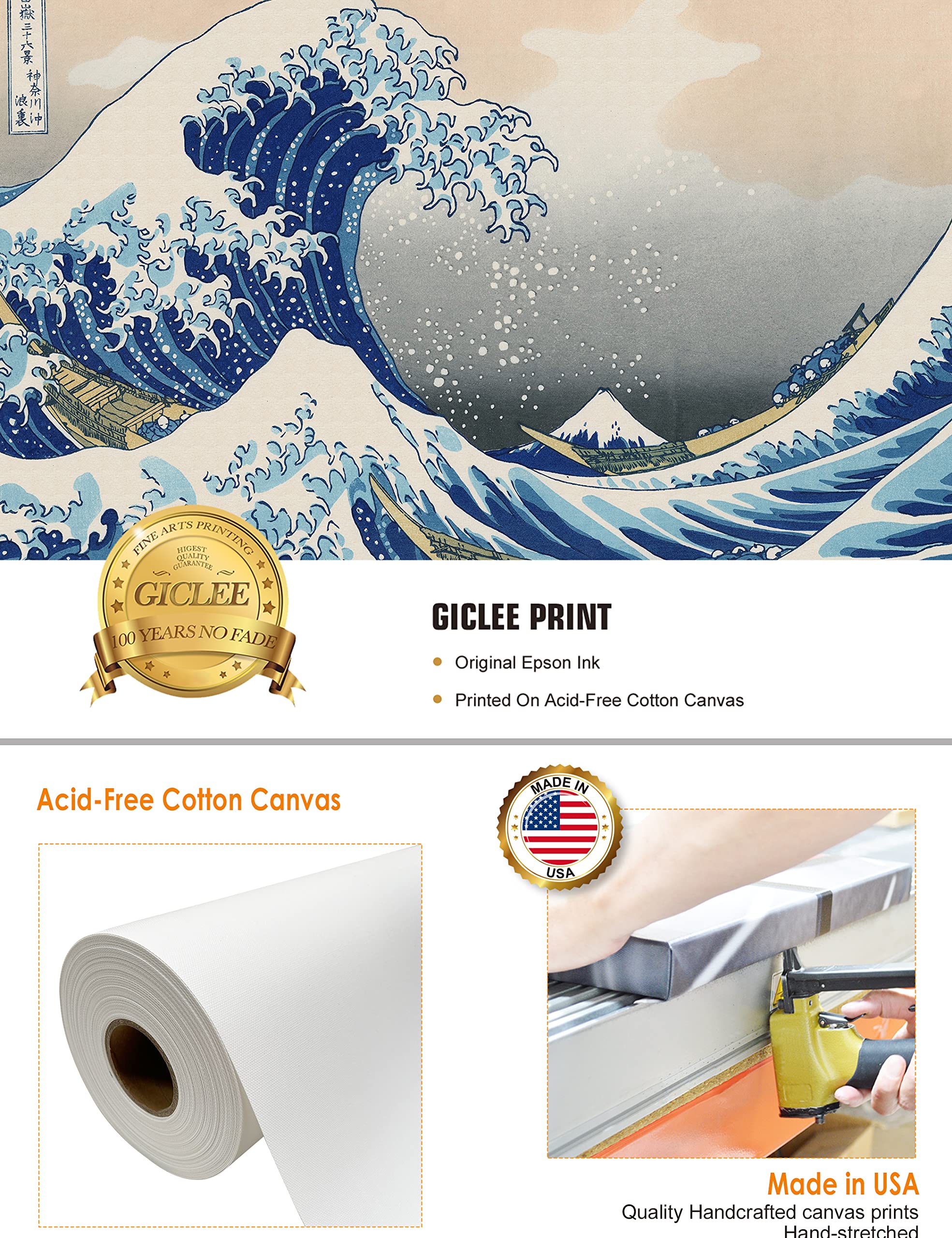 DECORARTS - The Great Wave off Kanagawa, Katsushika Hokusai Classic Art Reproductions. Giclee Canvas Prints Wall Art for Home Decor. 30x20