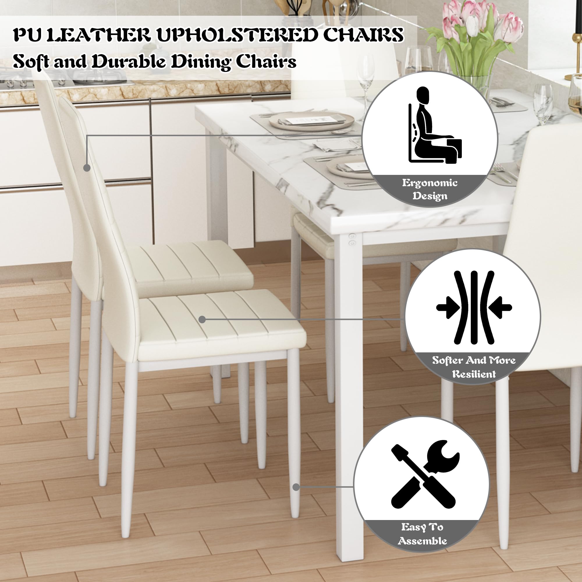 DKLGG Dining Table Set for 4, 5 Piece Kitchen Table Set with PU Leather Chairs Space-Saving Faux Marble Dining Room Table Set for 4 for Small Home Kitchen, Apartment