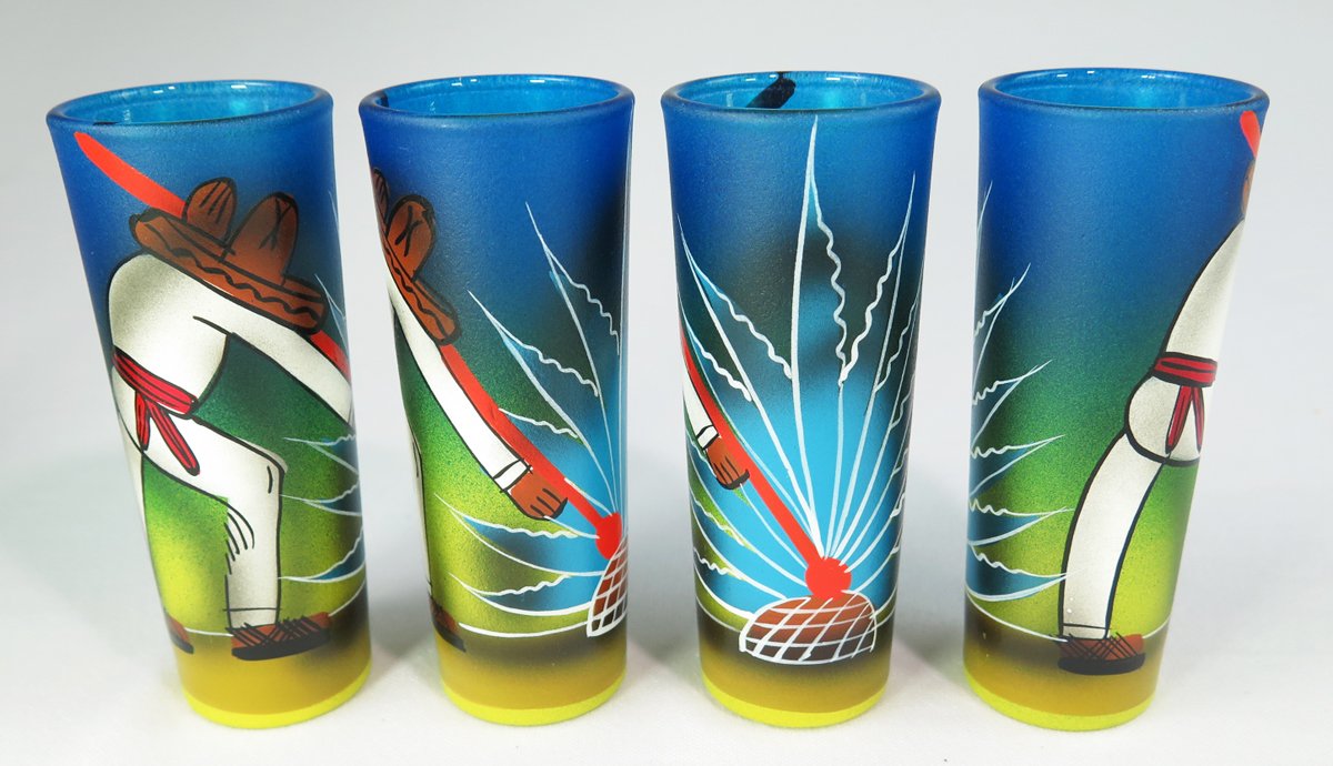 Eye4Art Mexican Tequila Shot Glasses and Bottle Set, Tequila Making Scene, Poncho with Agave Cactus hand painted Bottle, with display stand