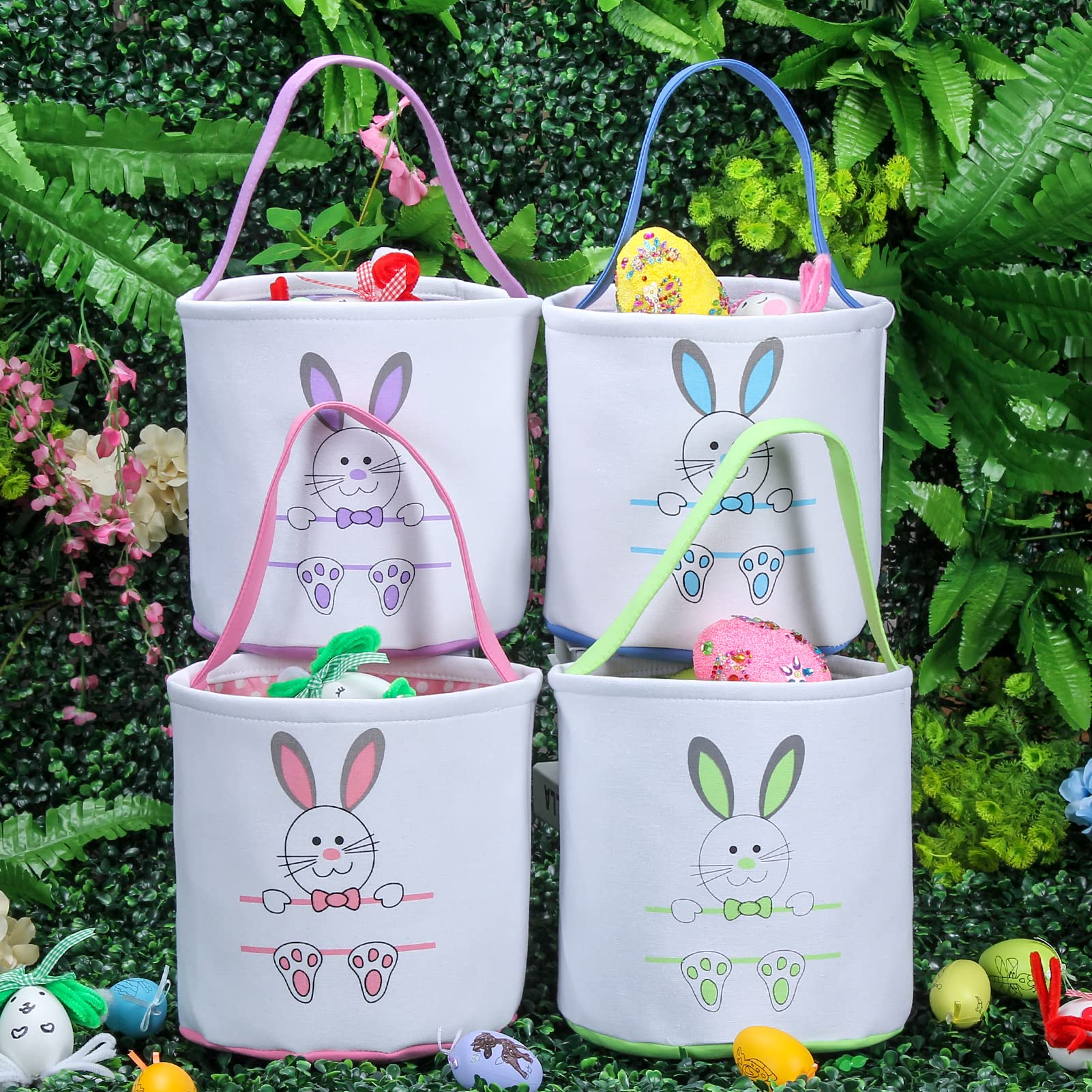 Easter Bunny Basket Egg Bags for Kids,Canvas Cotton Personalized Candy Egg Basket Rabbit Print Buckets with Fluffy Tail Gifts Bags for Easter……