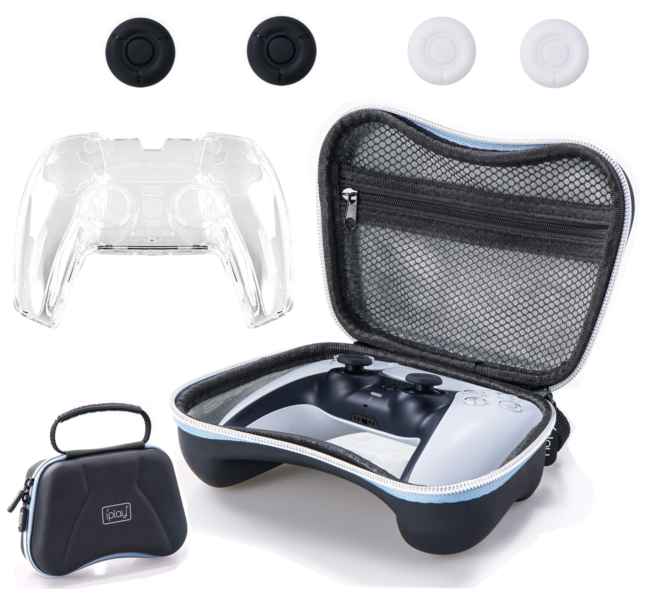 FANPL PS5 Controller Accessories Bundle, 6 in 1 Accessories Kit for PS5 Controller with Carrying Travel Hard Case, Transparent Protective Cover Case , Thumb Grip Caps