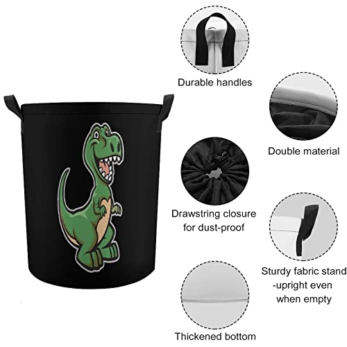 Happy Dinosaur Cartoon Laundry Basket Round Collapsible Storage Bin with Drawstring and Handle for Bedroom Bathroom Toys Room 17.3" X 13.8"
