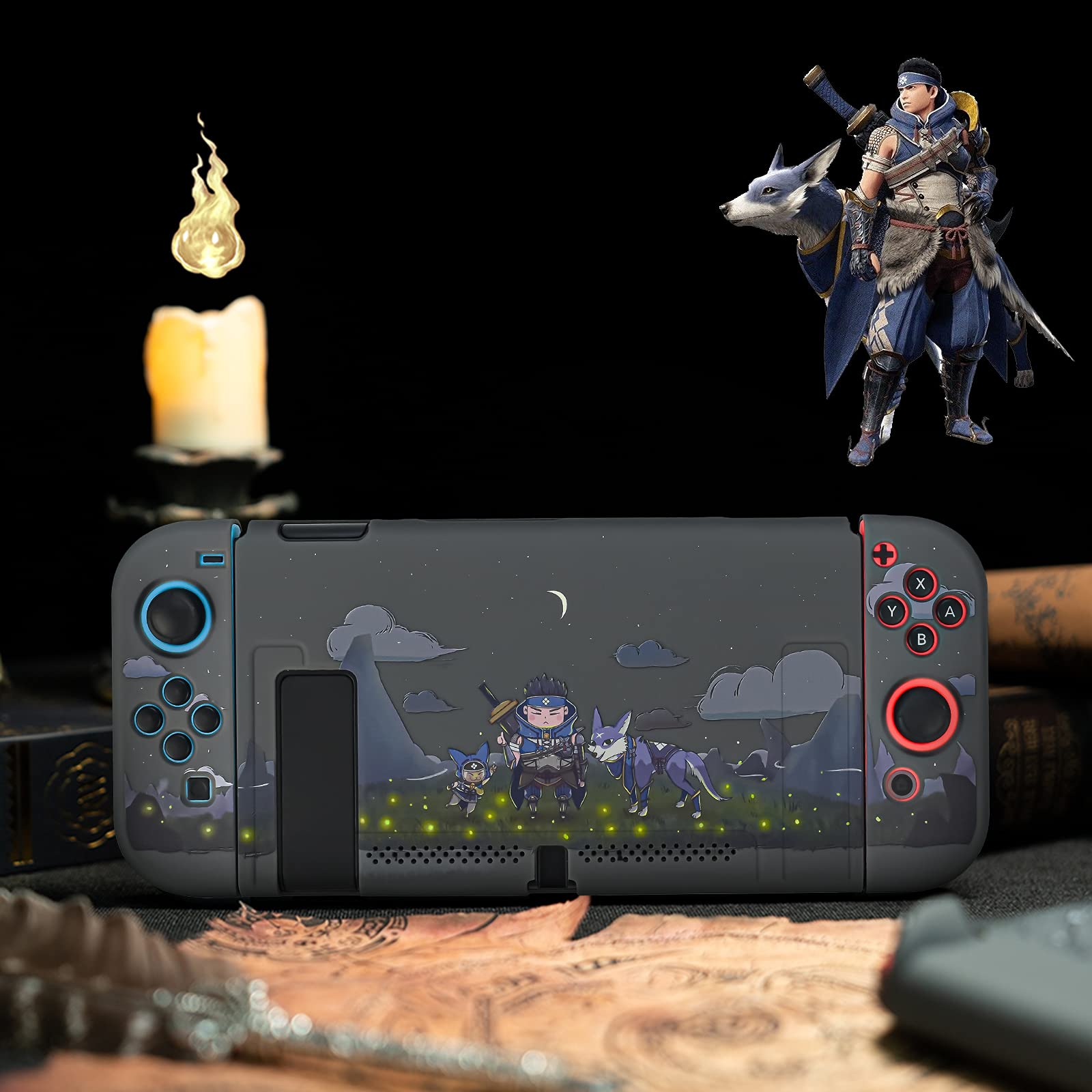 DLseego Dockable Protective Case Compatible with Switch, Soldier Wolf Pattern Cover Case with Anti-Scratch and Shock-Absorption Design with 2 pcs Thumb Grips - Monster Hunter