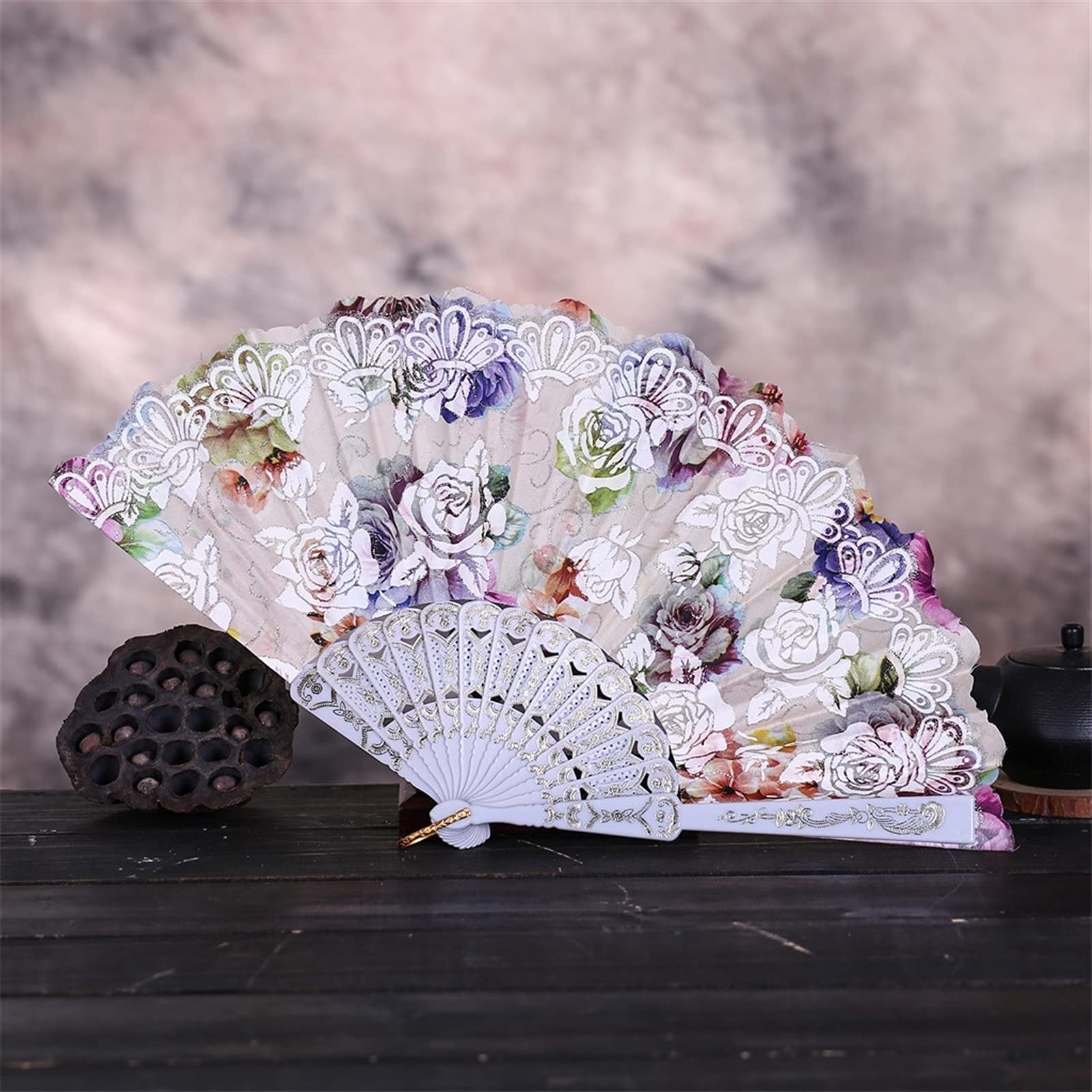 DUO ER Chinese Style Hand Held Folding Dance Fan Wedding Party Lace Folding Hand Held Flower Fan Summer Wedding Fan Party (Color : Blue)