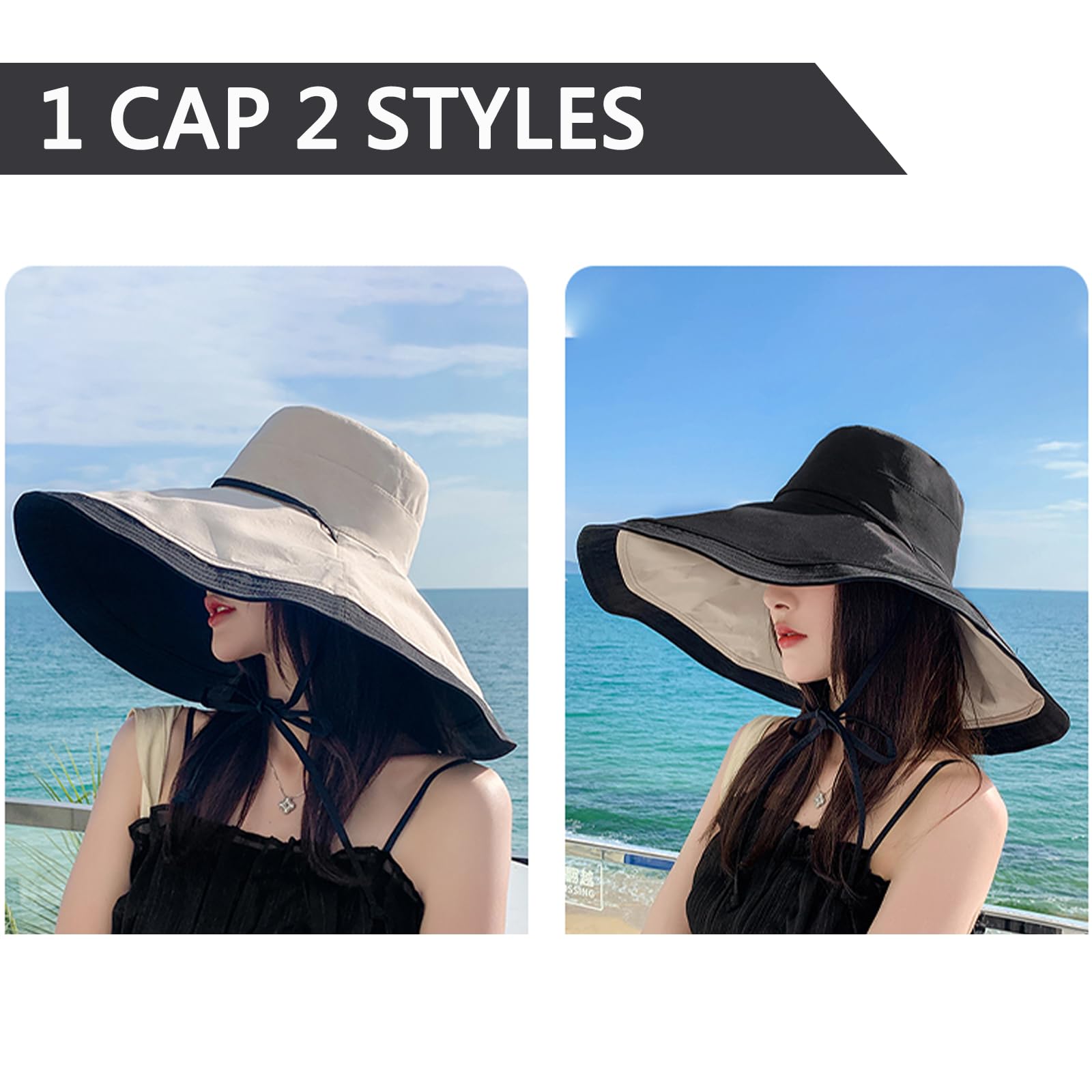 KEYDUACU 7" Women's Wide Brim Sun Hat, Large Foldable UV Protective Sun Hat, can be Worn on Both Sides, Suitable for Beach, Gardening, Travelling, Hiking(Black/White)