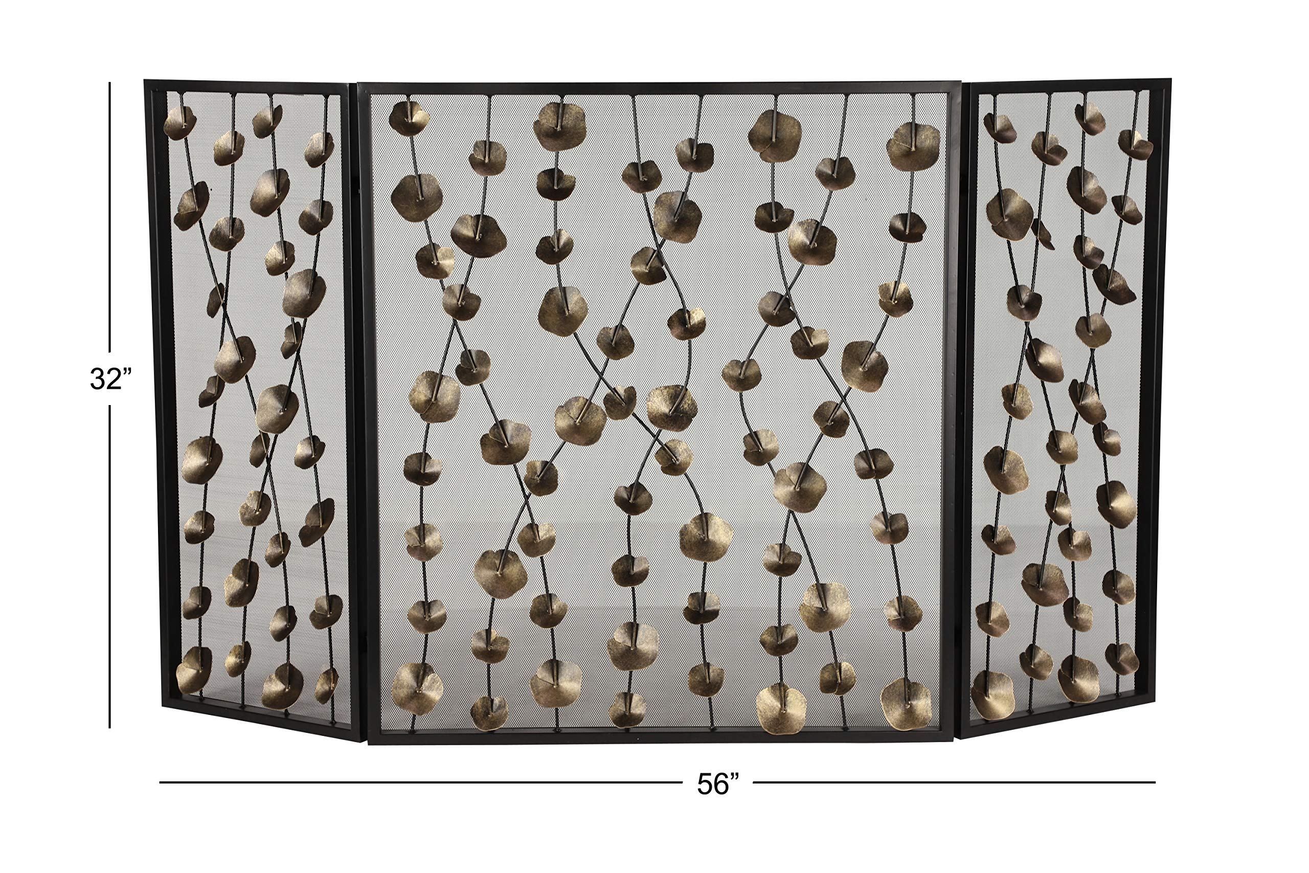 Deco 79 Metal Floral Foldable Mesh Netting 3 Panel Fireplace Screen with 3D Floral on Vines, 56" x 1" x 32", Gold
