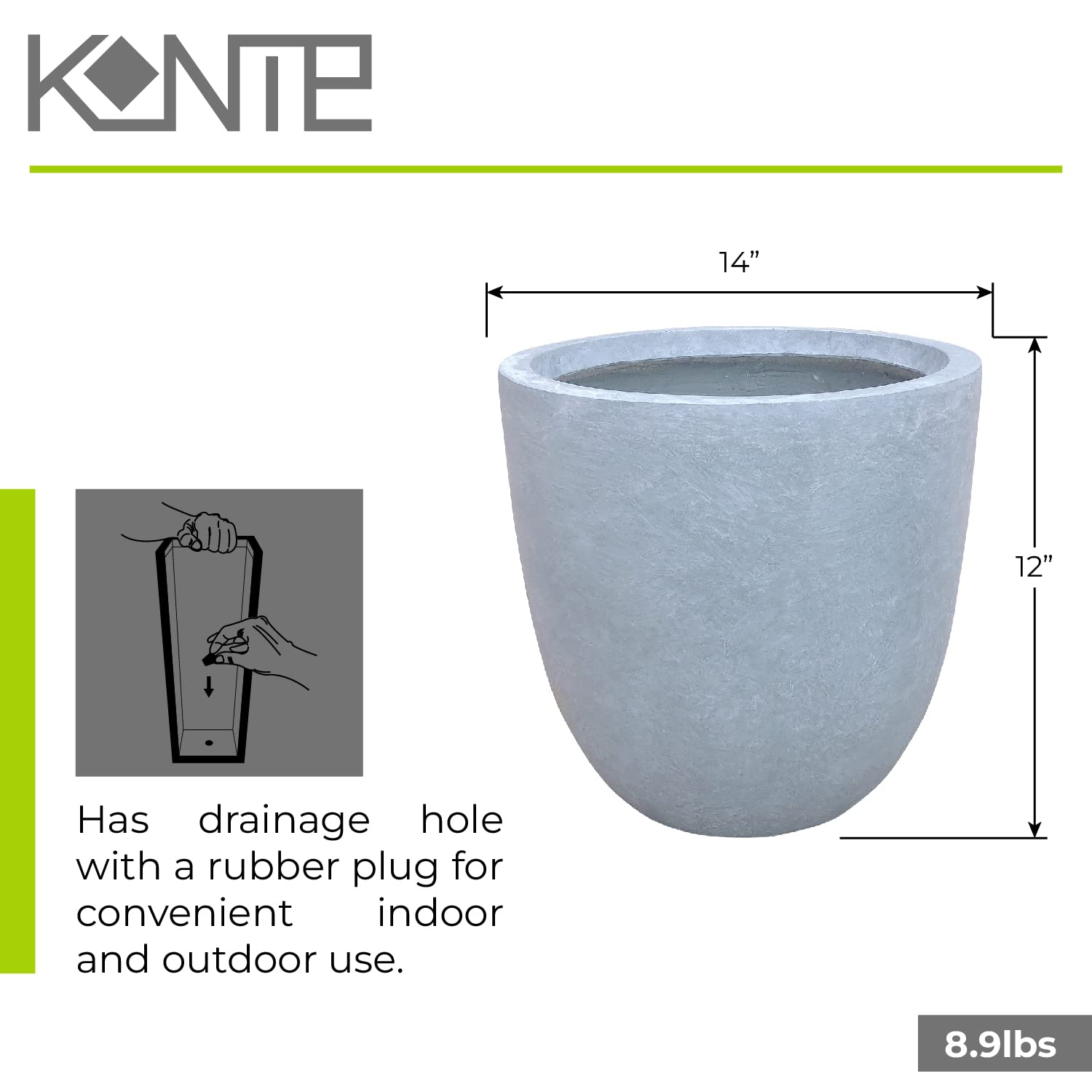 Kante RC0050B-C60611 Lightweight Concrete Modern Outdoor Round Planter, 14" x 14" x 12", Slate Gray