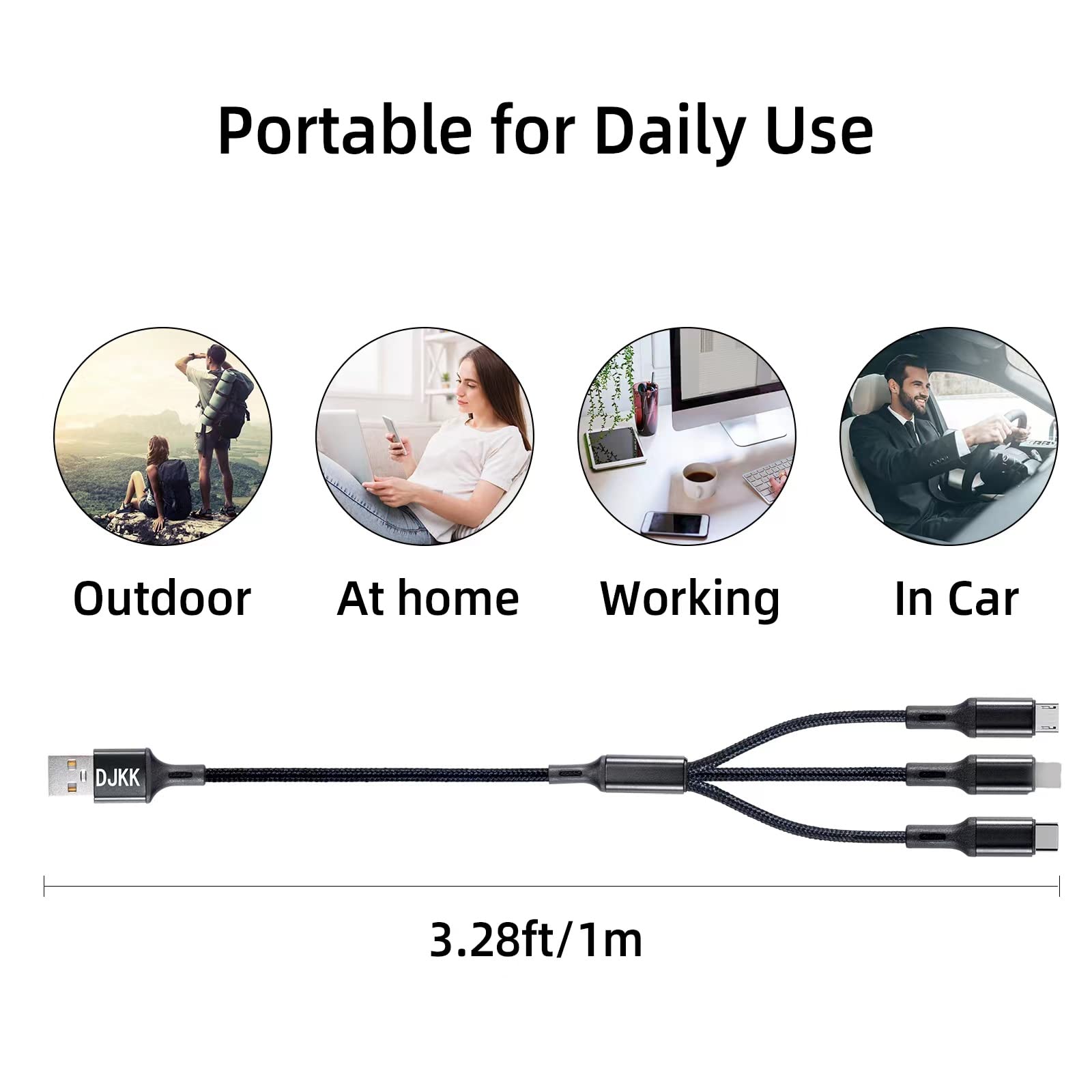 DJKK 2Pack Multi Charging Cable, 1m Multi Charger Cable Nylon Braided Multiple USB Cable Universal 3 in 1 Charging Cord Adapter, Compatible with Cell Phones and More (Black, 2Pack)