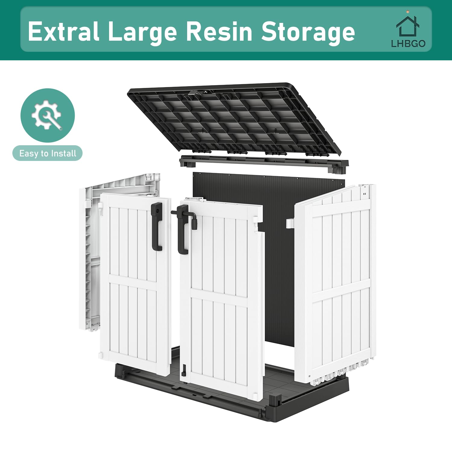 LHBGO Outdoor Storage Shed 36 Cu. Ft.Horizontal Garden Storage Extra Large Capacity Weather Resistant Storage Box, Lockable Resin Waterproof Shed for Bike, Garbage Cans, Lawnmowe, Garden Tools