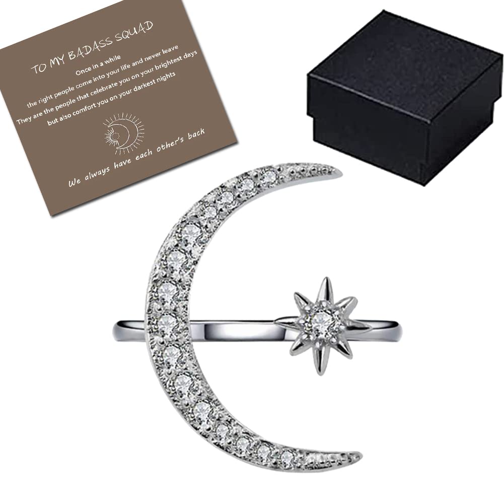 DJRH to My Badass Squad Ring - ''We Always Have Each Other's Back'', Sun and Moon Star Rings, Half Moon Star Ring Ladies (Silver)
