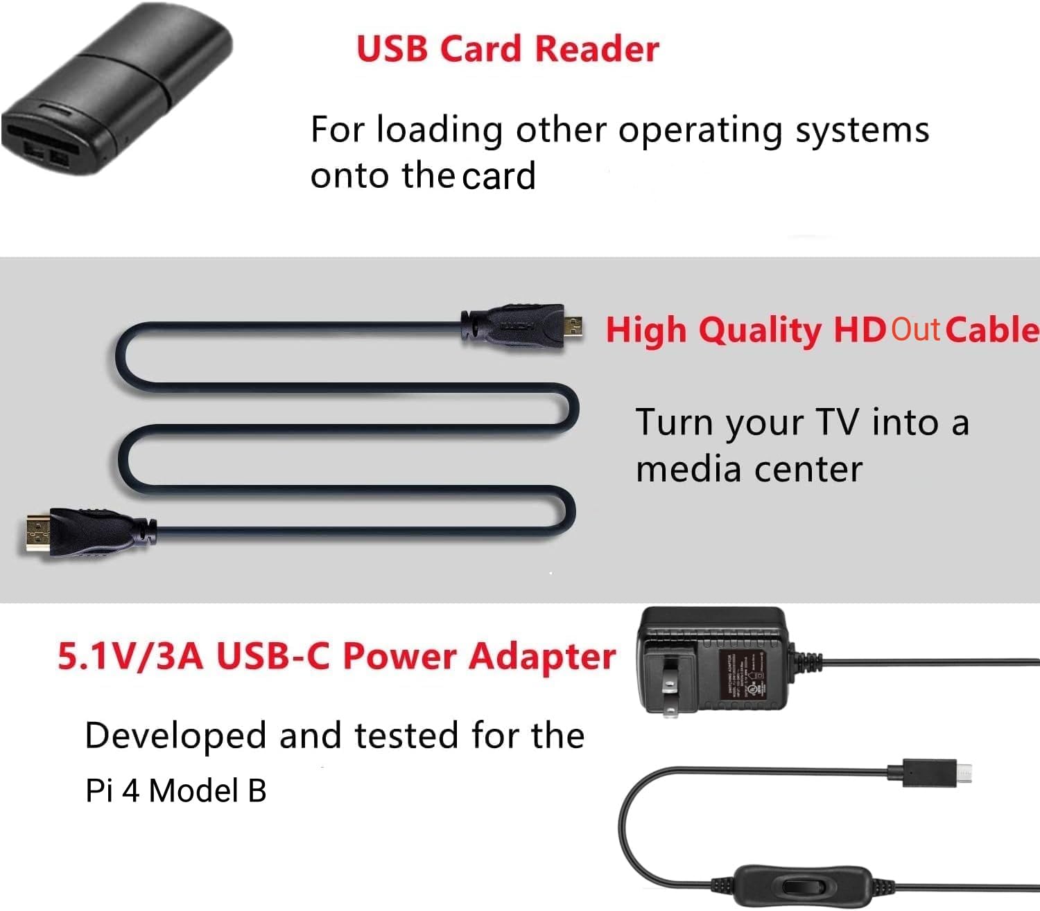 Vemico Pi 4 Model B 8GB Starter Kit with Card, Heatsinks, Cooling Fan, HD Out Cable, Power Supply, Case Card Readers, Screwdriver