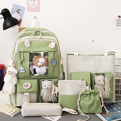 pdghiue 5-Piece Aesthetic Kawaii Backpack Set with Kawaii Pin and Pendants Accessories, Nylon Material | Durable & Adorable