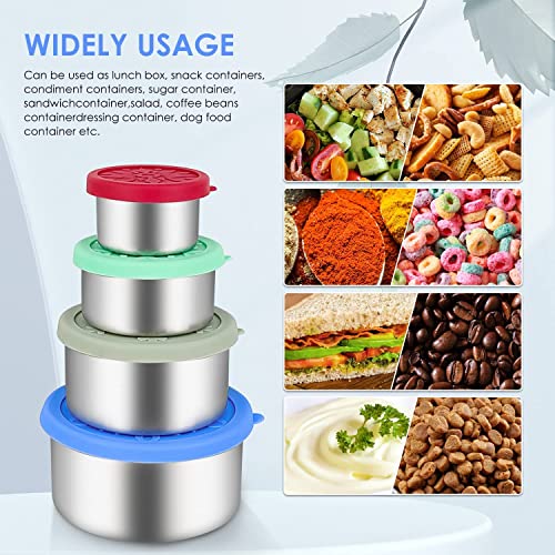 ikitchen Stainless Steel Snack Containers with Leakproof Silicone Lids, Salad Dressing Containers for Kids Reusable Metal Nesting Lunch Condiments Container Food Storage Set of 4