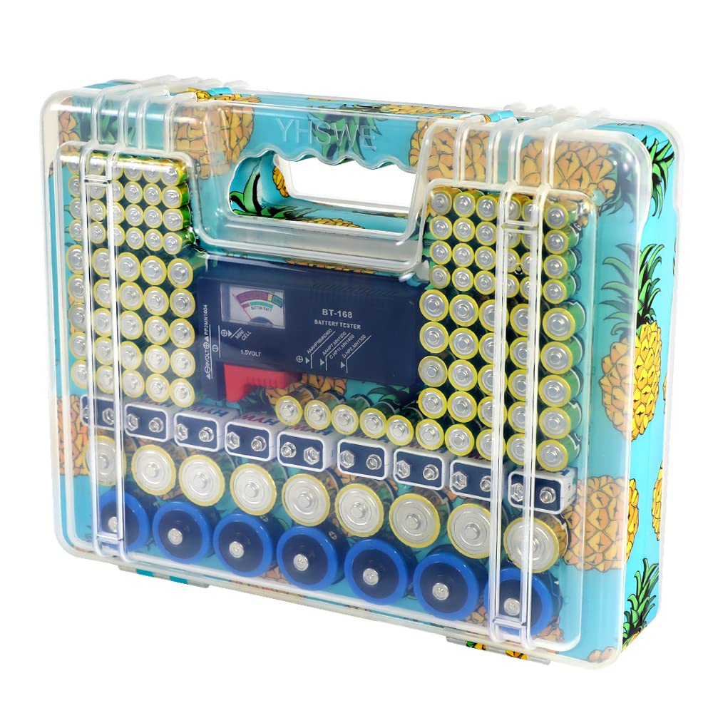 KF-Value Battery Organizer Storage Case with Tester, Waterproof Battery Storage Box, 230+ Battery Case Battery Holder for Household Batteries(2A 3A C D 9V Coin Cell),Pineapple