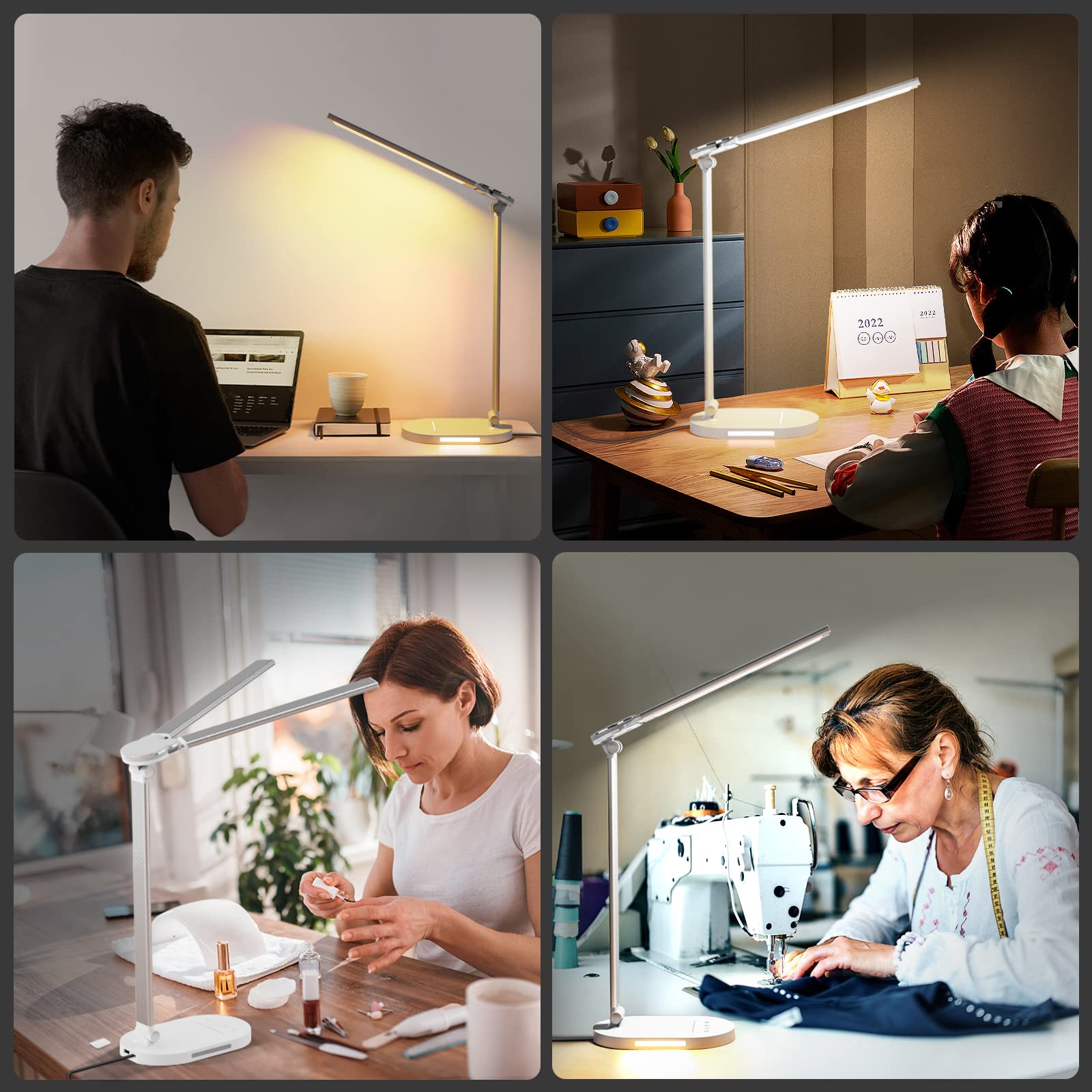 Double Head Desk Lamp for Home Office, Eye-Care Desk Light with USB Charging Port, Touch Control 5 Color Temperature & Brightness with Night Light Mode, 60min Timer Desktop Table Lamp for College Dorm
