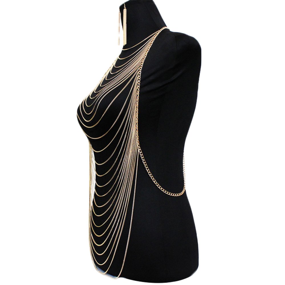 DOTASI Women's Sexy Halter Backless Tank Top Bra Body Chain Necklace Tassels Party (Gold)