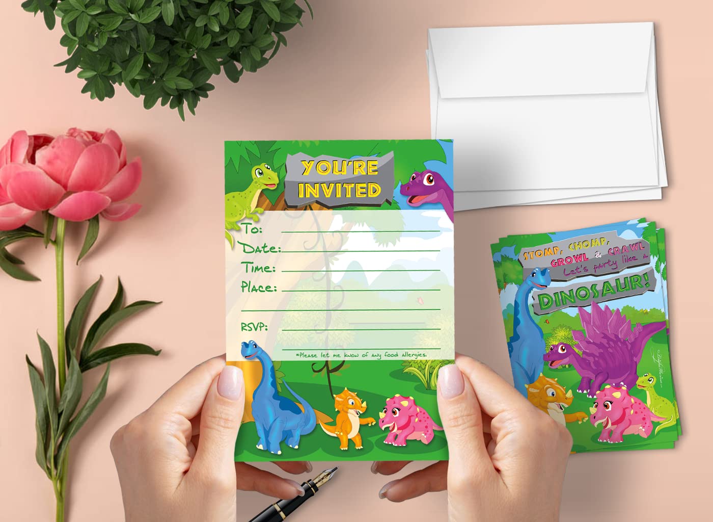 Leigha Marina Dinosaurs Party Invitation Cards for Kids, 20 Invites & 20 Envelopes - Fill in the Blank Greeting Notes - Multi-Use, Birthday, Themed Celebration