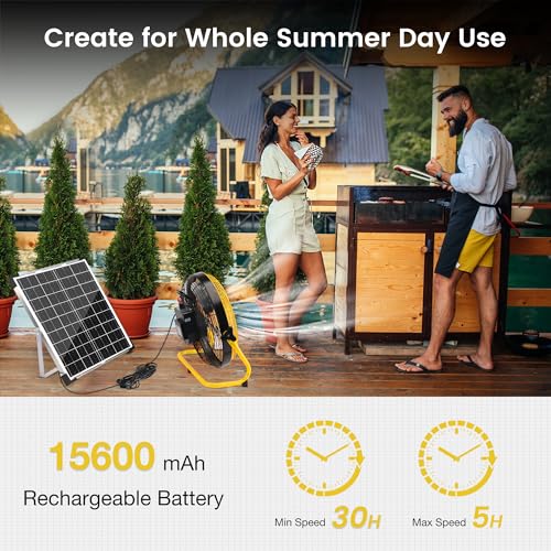 Fanspex 14" Portable Solar Rechargeable Floor Fan, 15600 mAh 20W Solar Panel Powered Battery Operated Fan for Outdoor Camping, 360° Tilt, 40dB Quiet Operation (5.3m/s Airflow)