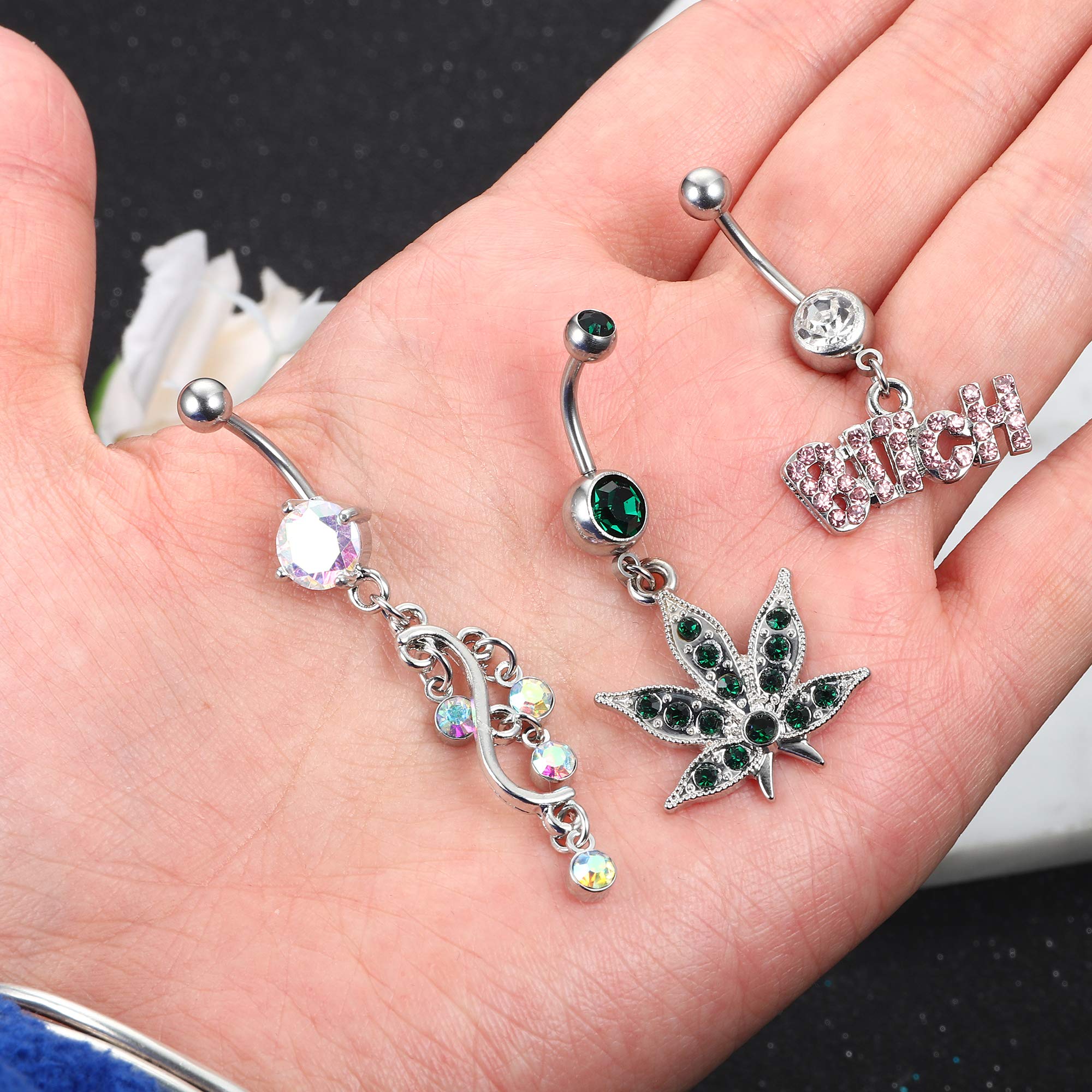 Drperfect 6PCS 14G Dangle Belly Button Rings Rose Gold Silver Plated 316L Stainless Steel Belly Button Piercing Jewelry for Women