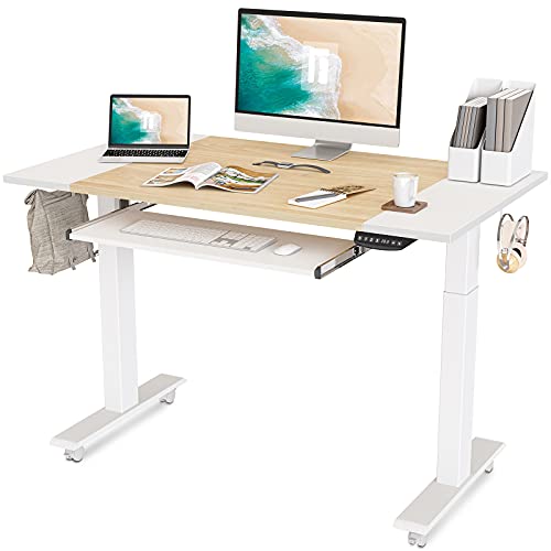FEZIBO Dual Motor Height Adjustable Electric Standing Desk, 48 x 24 Inch Full Sit Stand Home Office Table with Splice Board, White Frame/White and Natural Top