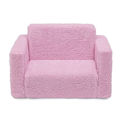 Delta Children Cozee Flip-Out Sherpa 2-in-1 Convertible Chair to Lounger for Kids, Pink